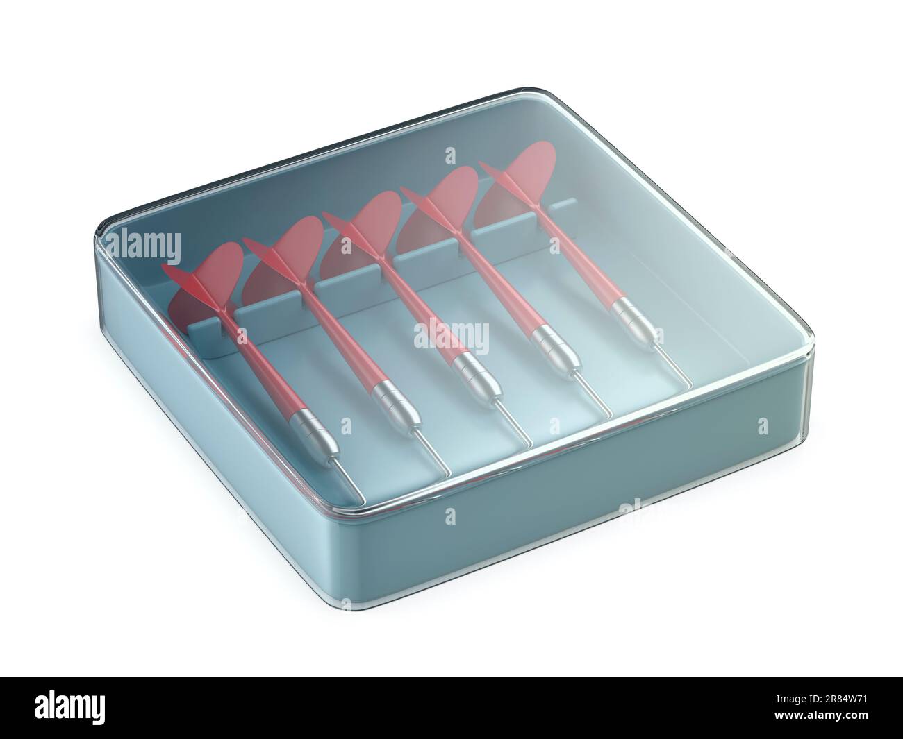 Transparent plastic box with five red darts on white background Stock ...