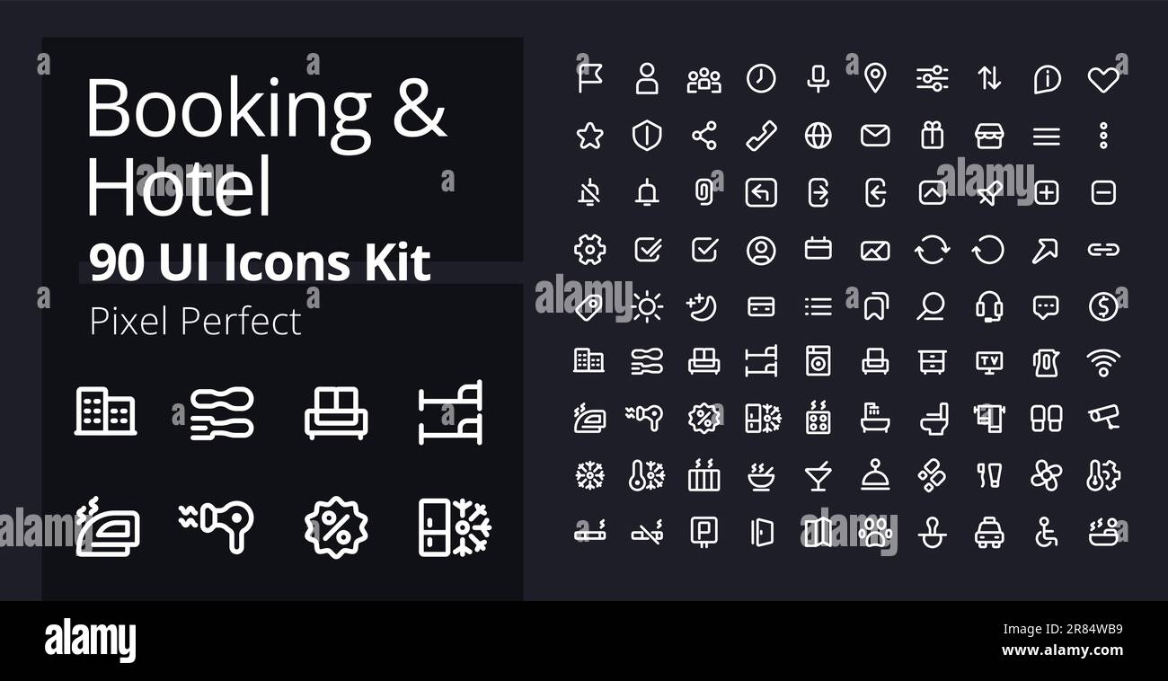 Booking and hotel pixel perfect white linear ui icons kit for dark theme Stock Vector Image ...
