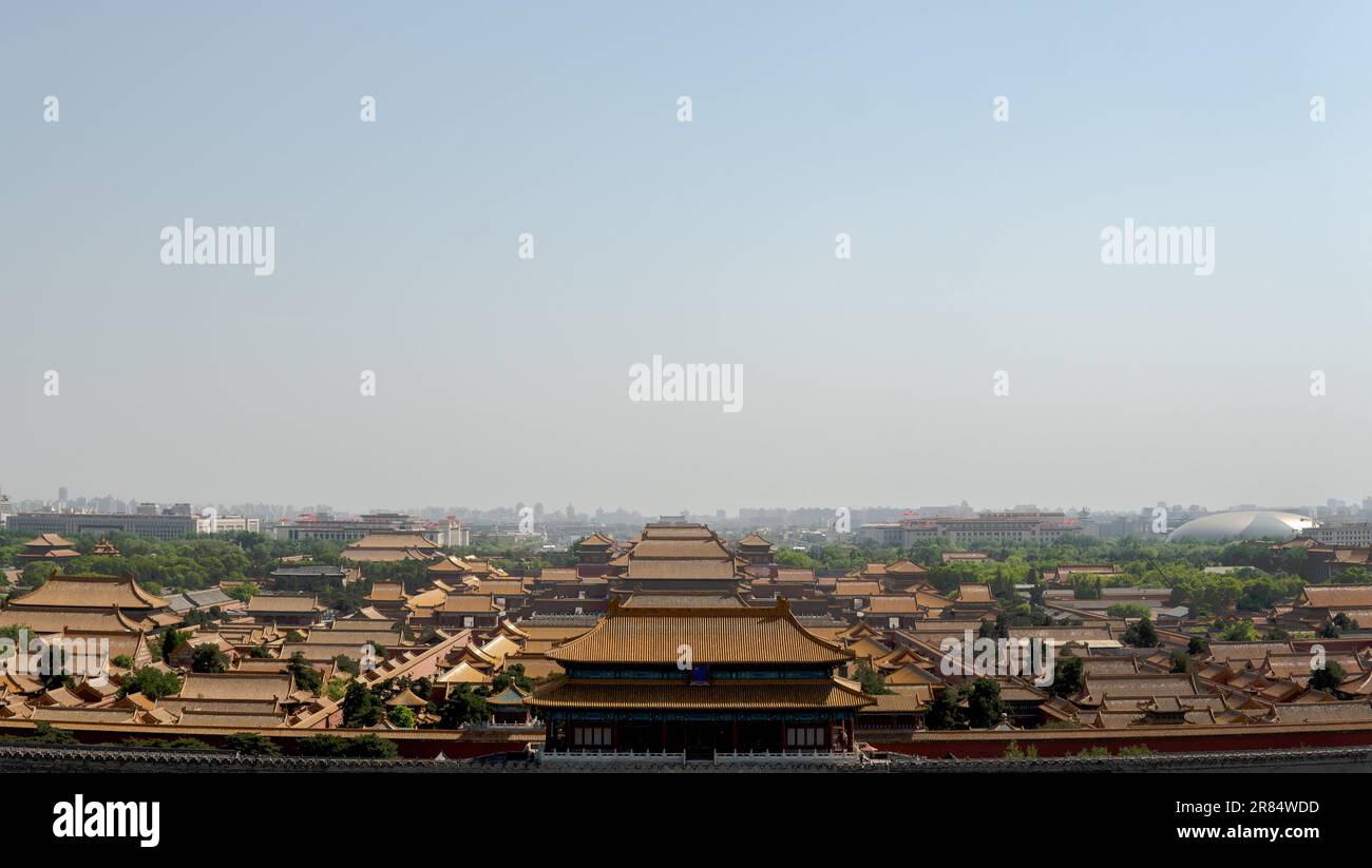 An aerial view of the north gate of the forbidden city under the blue ...