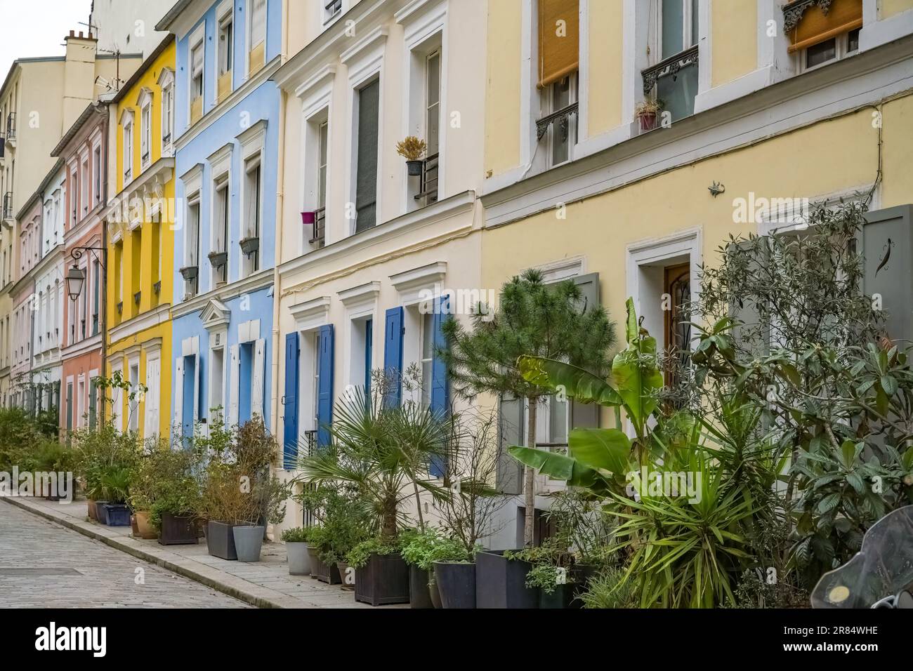 A scenic view of colorful houses rue Cremieux in Paris, France Stock ...