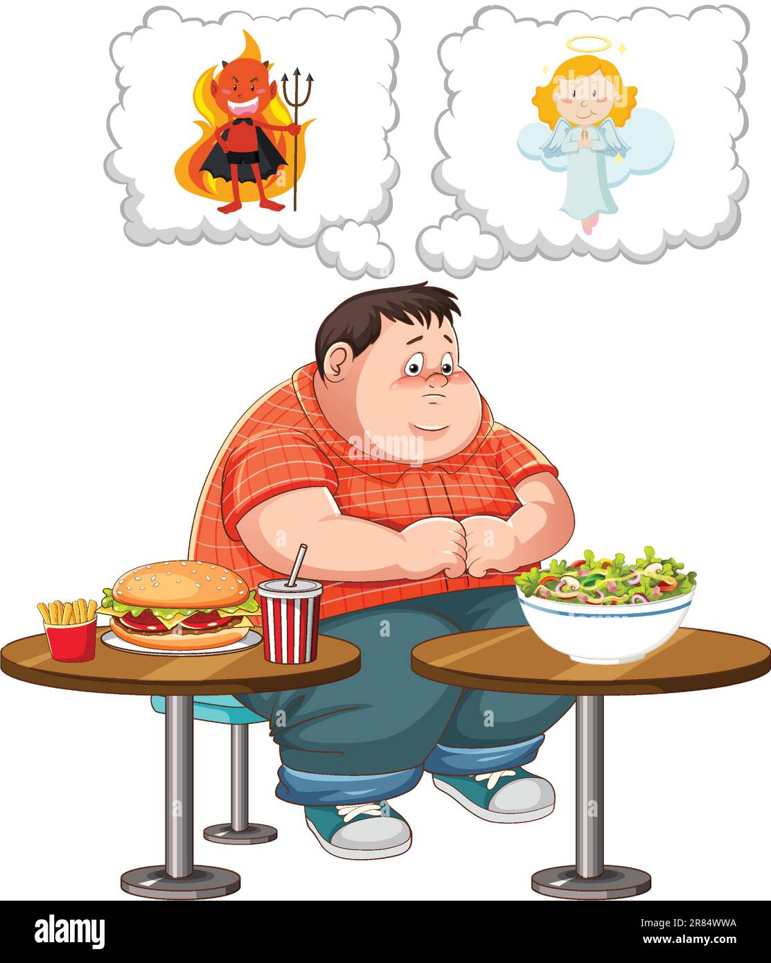 Overweight man fighting between eating healthy or unhealthy food ...