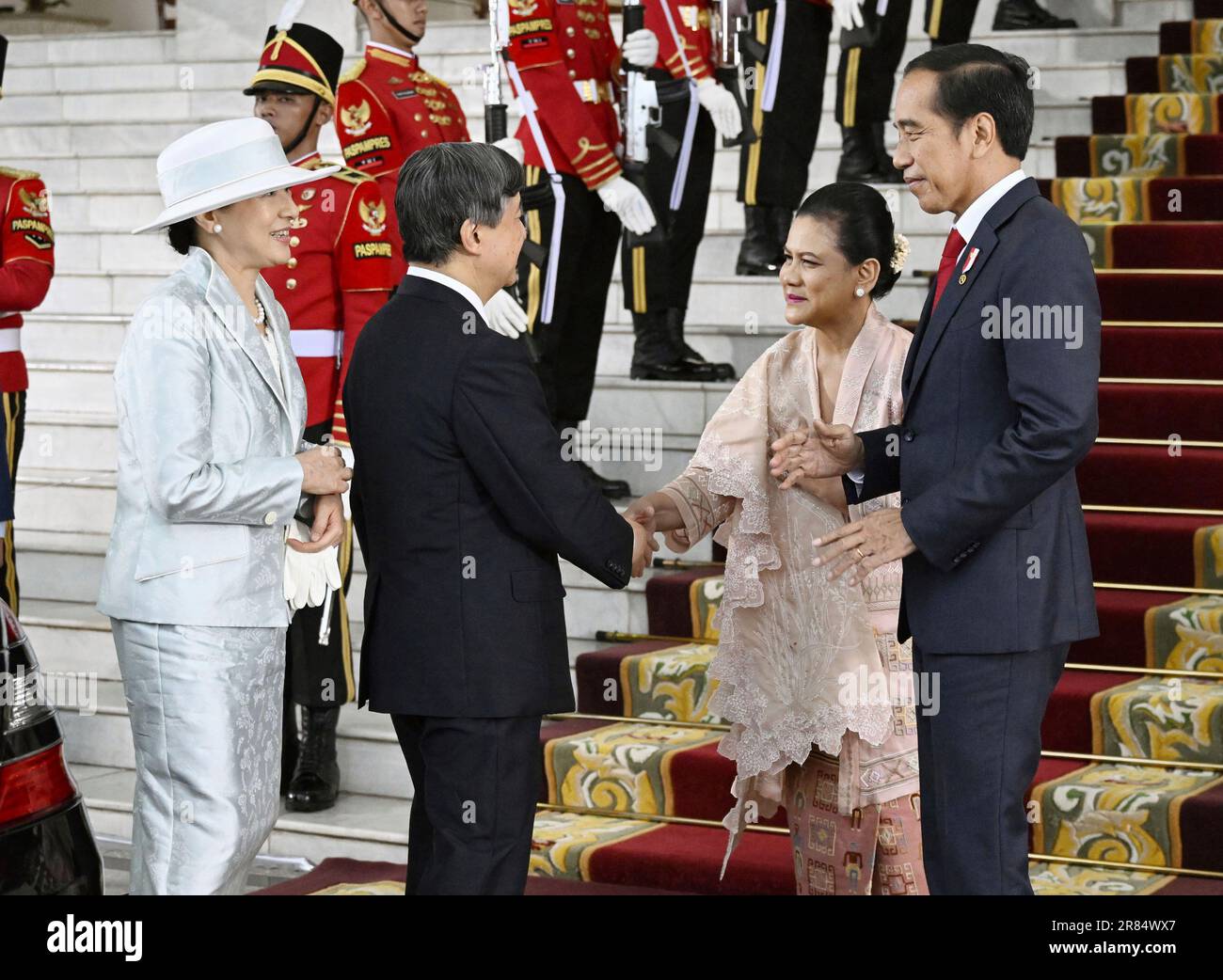 Japanese Emperor Naruhito and Empress Masako are seen off by Indonesian President Joko Widodo ...