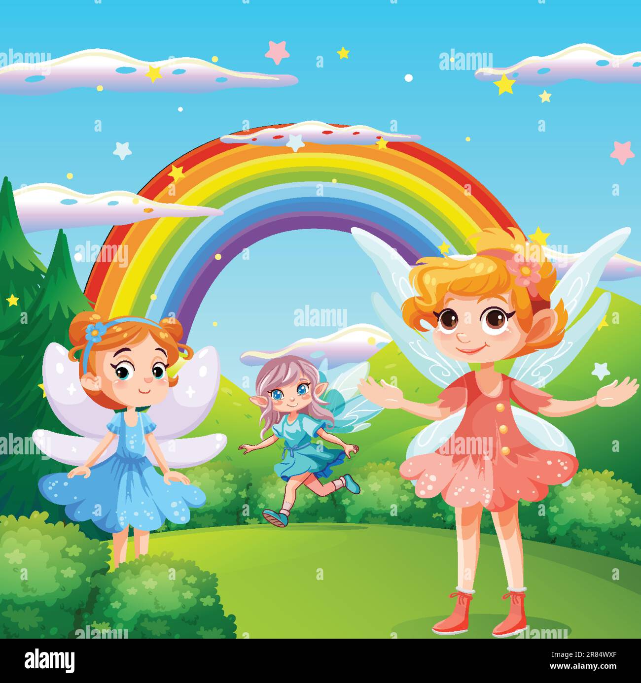 Fairy princess cartoon at magic land background illustration Stock ...