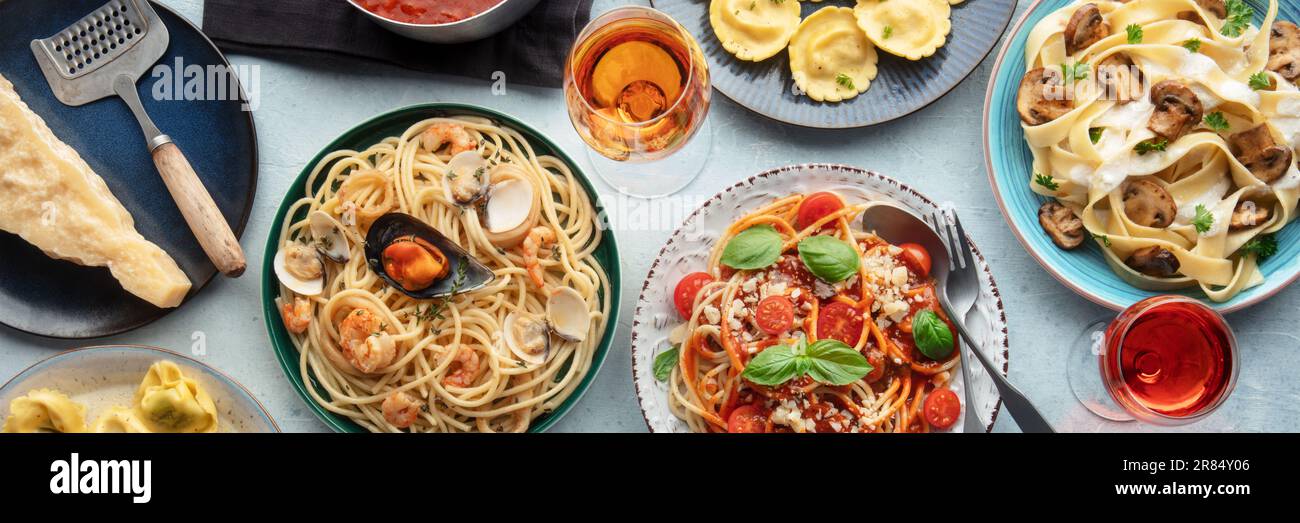 Pasta variety panorama. Italian food and drinks, overhead flat lay shot ...