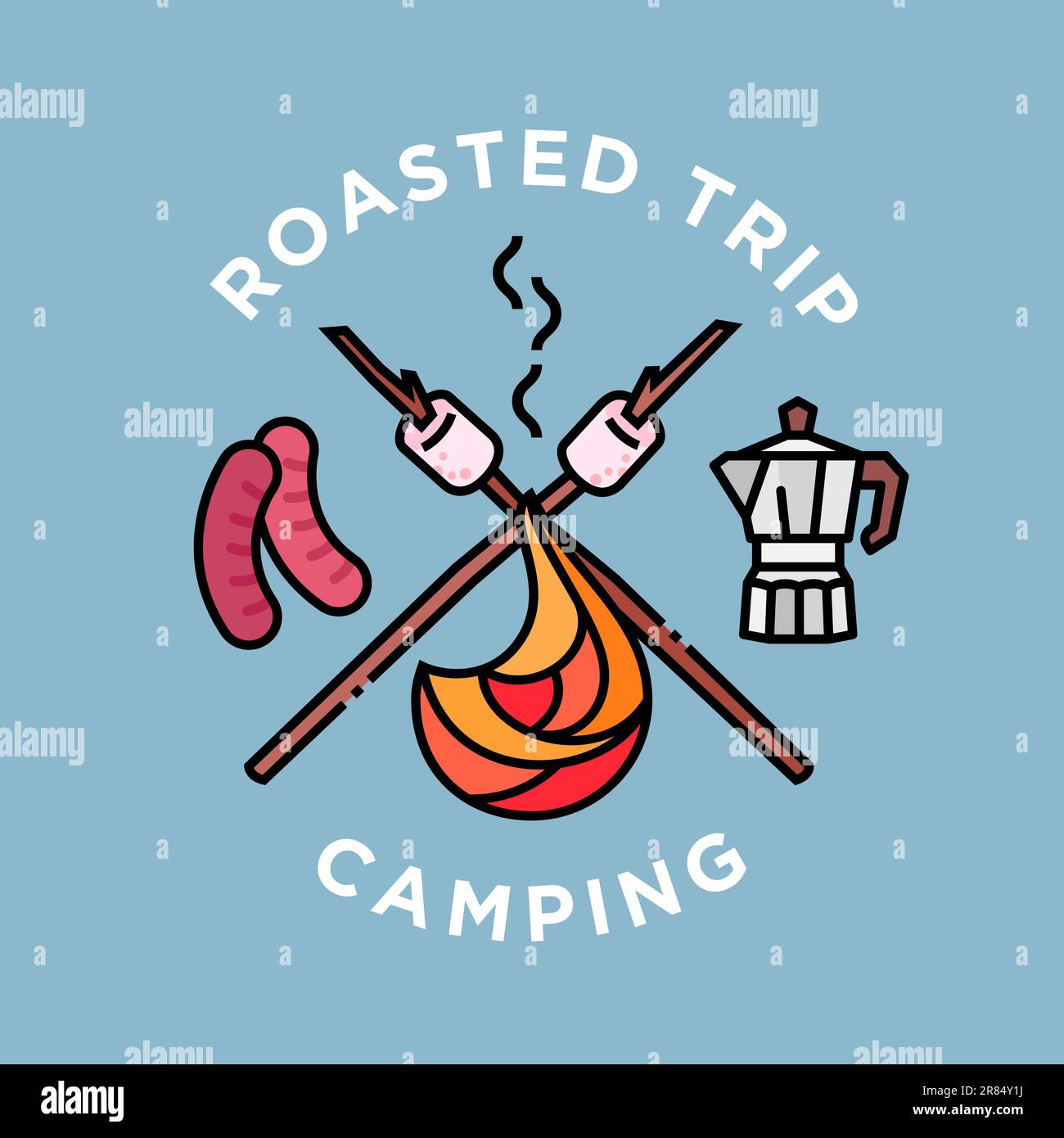 roasted camping trip poster colored line design vector illustration ...
