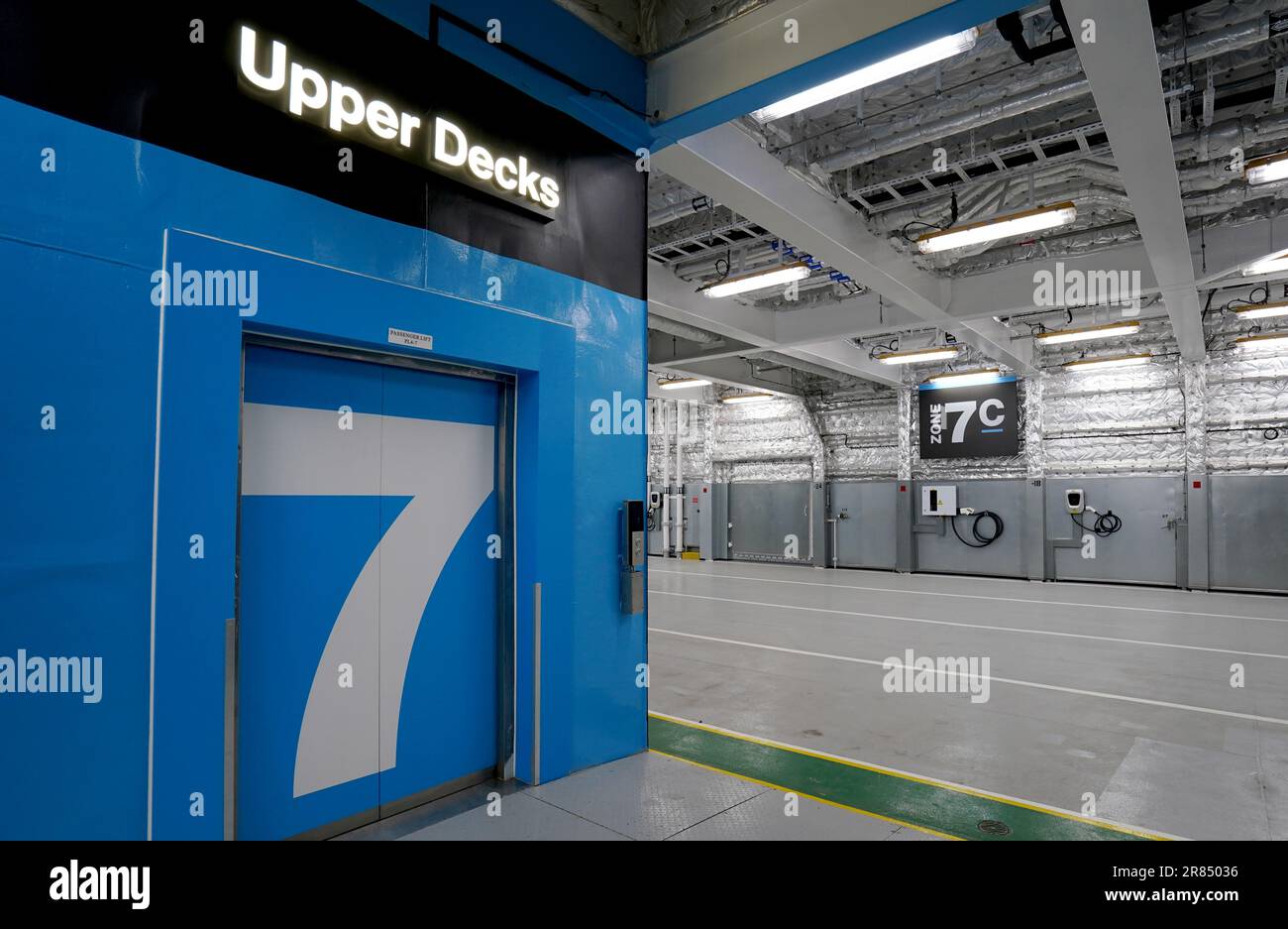 A view of one of the car decks which includes chargers for electric ...