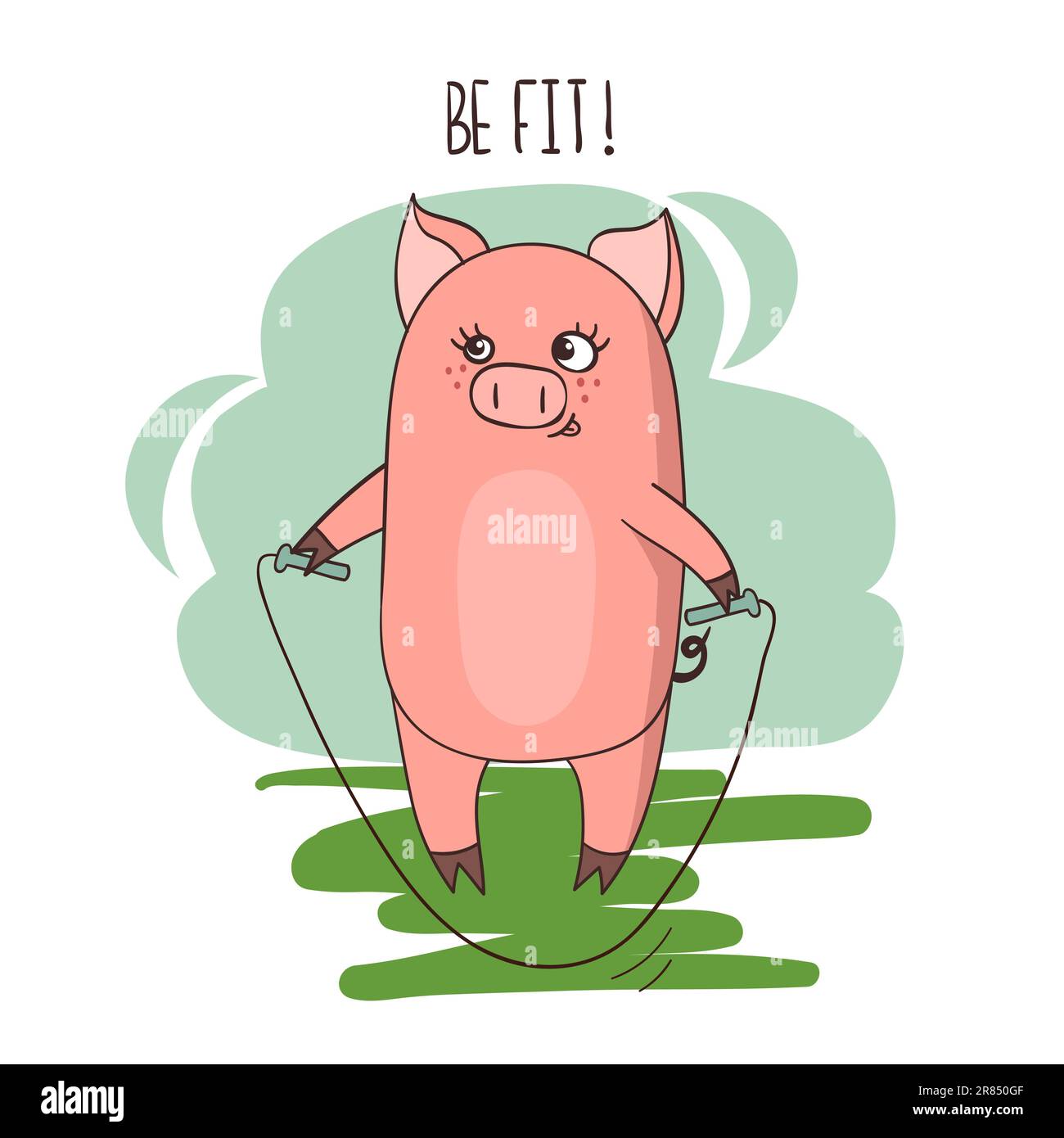 Cute cartoon pig jumping with skipping rope. Vector fitness ...