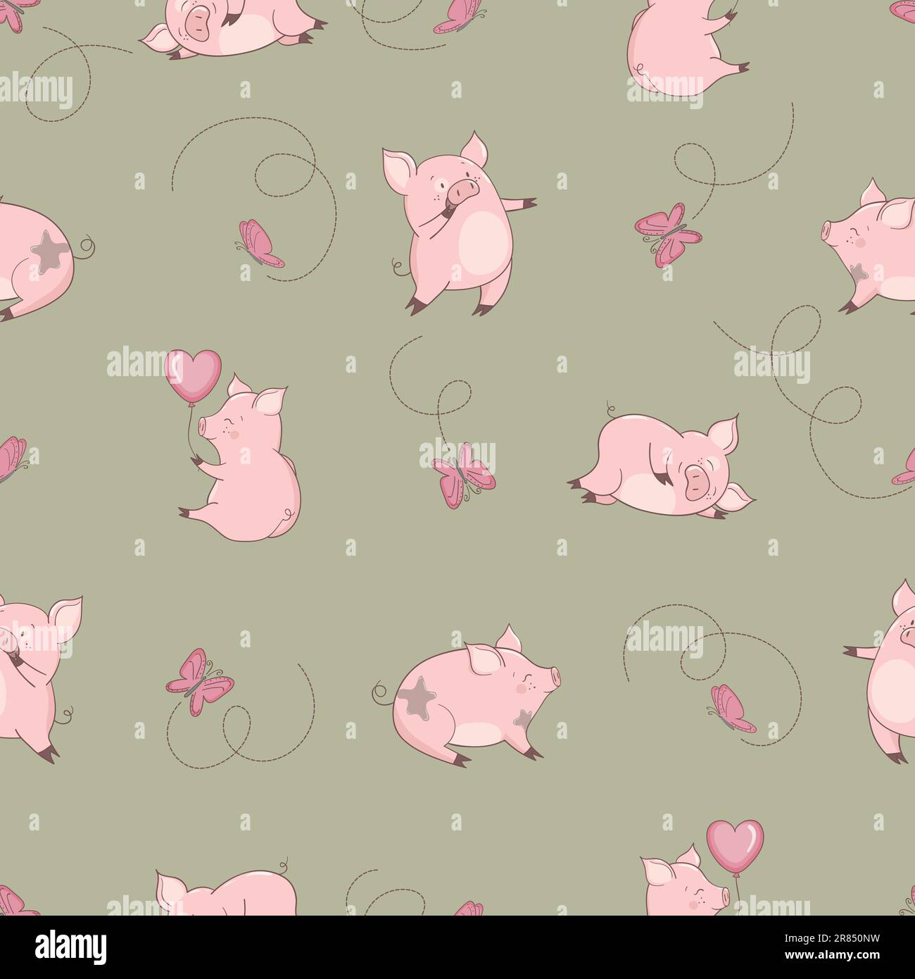 Seamless pattern with cute pigs and butterflies. Vector baby background ...