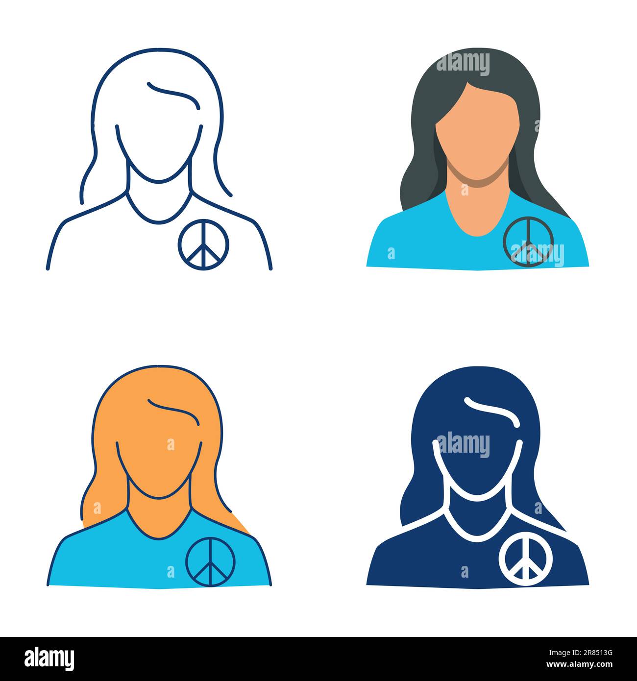 Woman with peace symbol icon set in flat and line style. Girl with ...