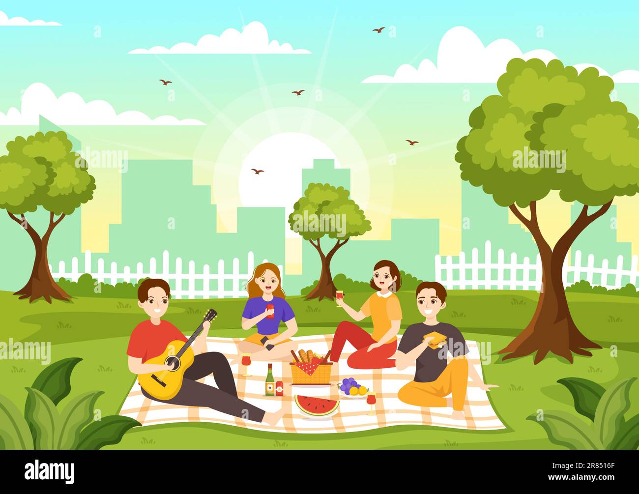 Picnic Outdoors Vector Illustration of People Sitting on a Green Grass ...