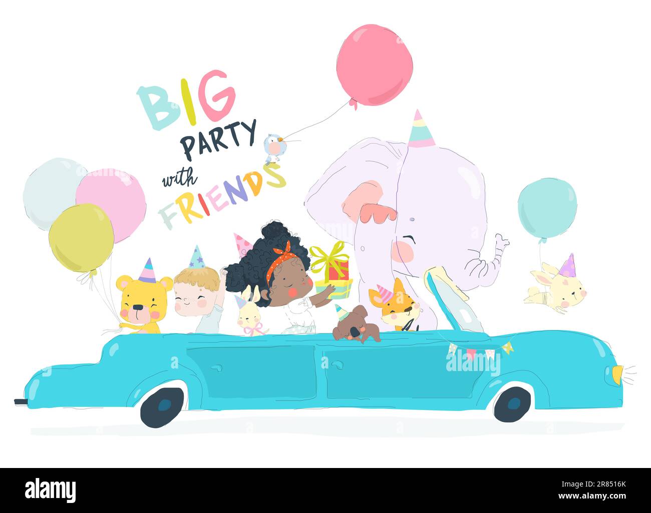 Birthday Party Greeting Card Design. Fox, Elephant, Lion and Kids ride ...
