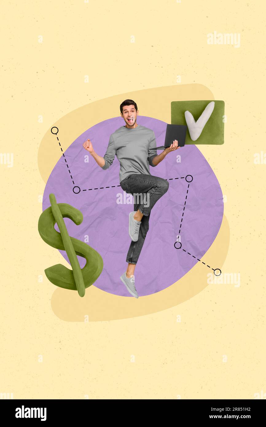 Vertical collage poster artwork of surprised man rejoice complete year ...