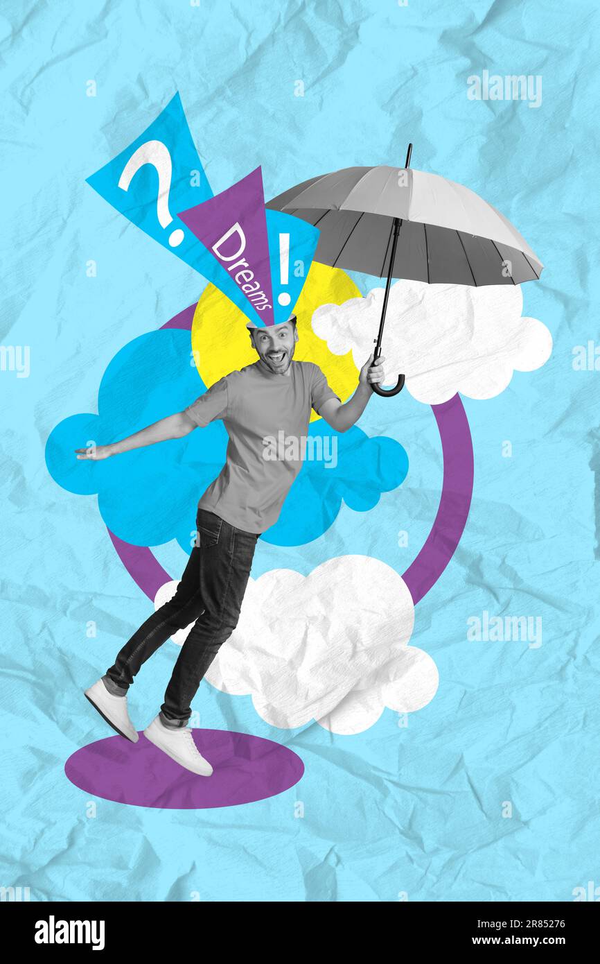 Vertical image poster collage of positive cheerful guy hold parasol fly ...