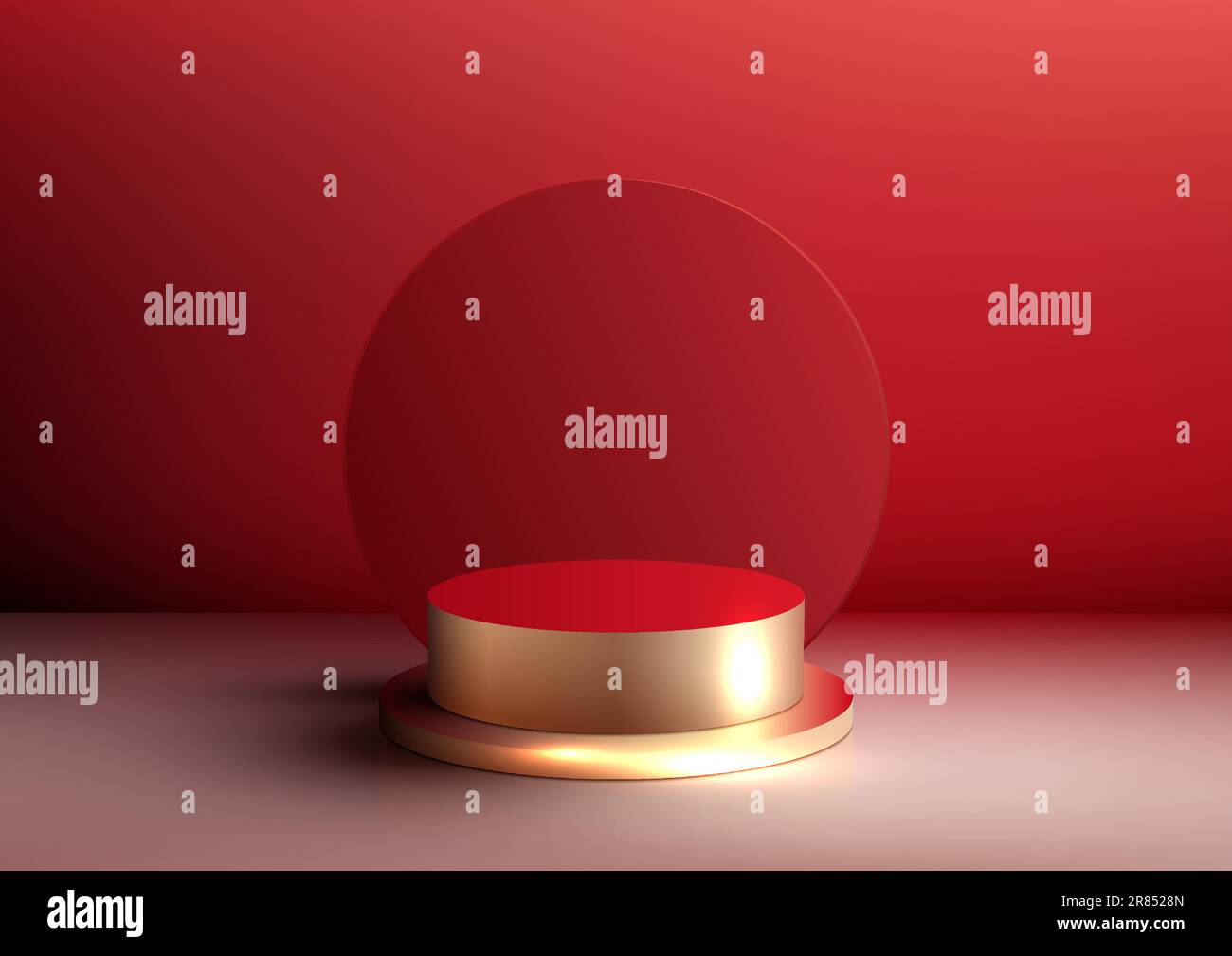 3D realistic empty red and gold podium platform with circle backdrop on ...