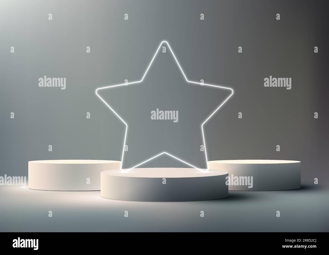 3D realistic empty white winner podium stand with neon star on gray ...