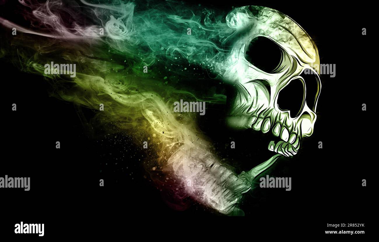 Scary skull emerging from a cloud of smoke high contrast image Stock ...