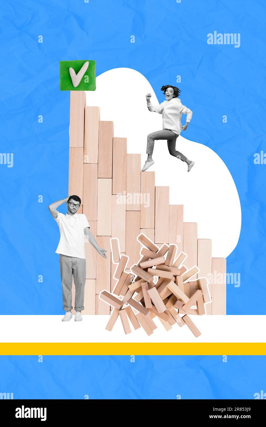 Collage artwork graphics picture of loser guy winner lady running ...