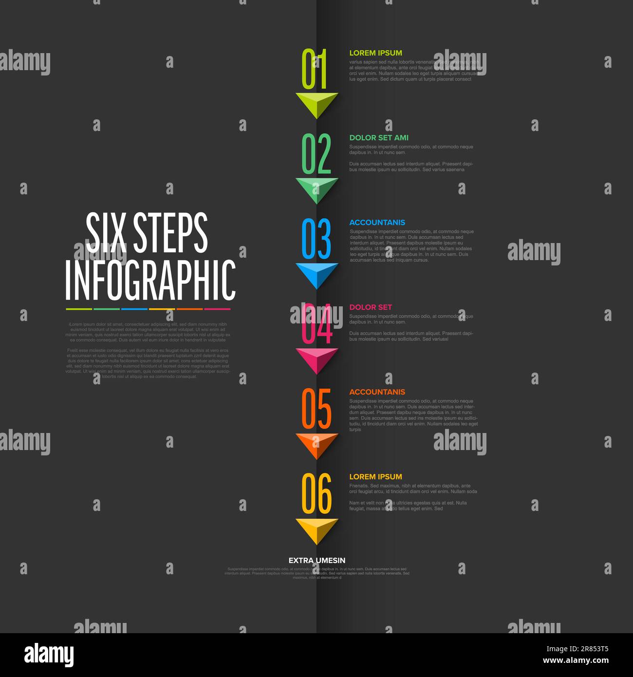 Vector dark six steps progress vertical template with big triangle ...