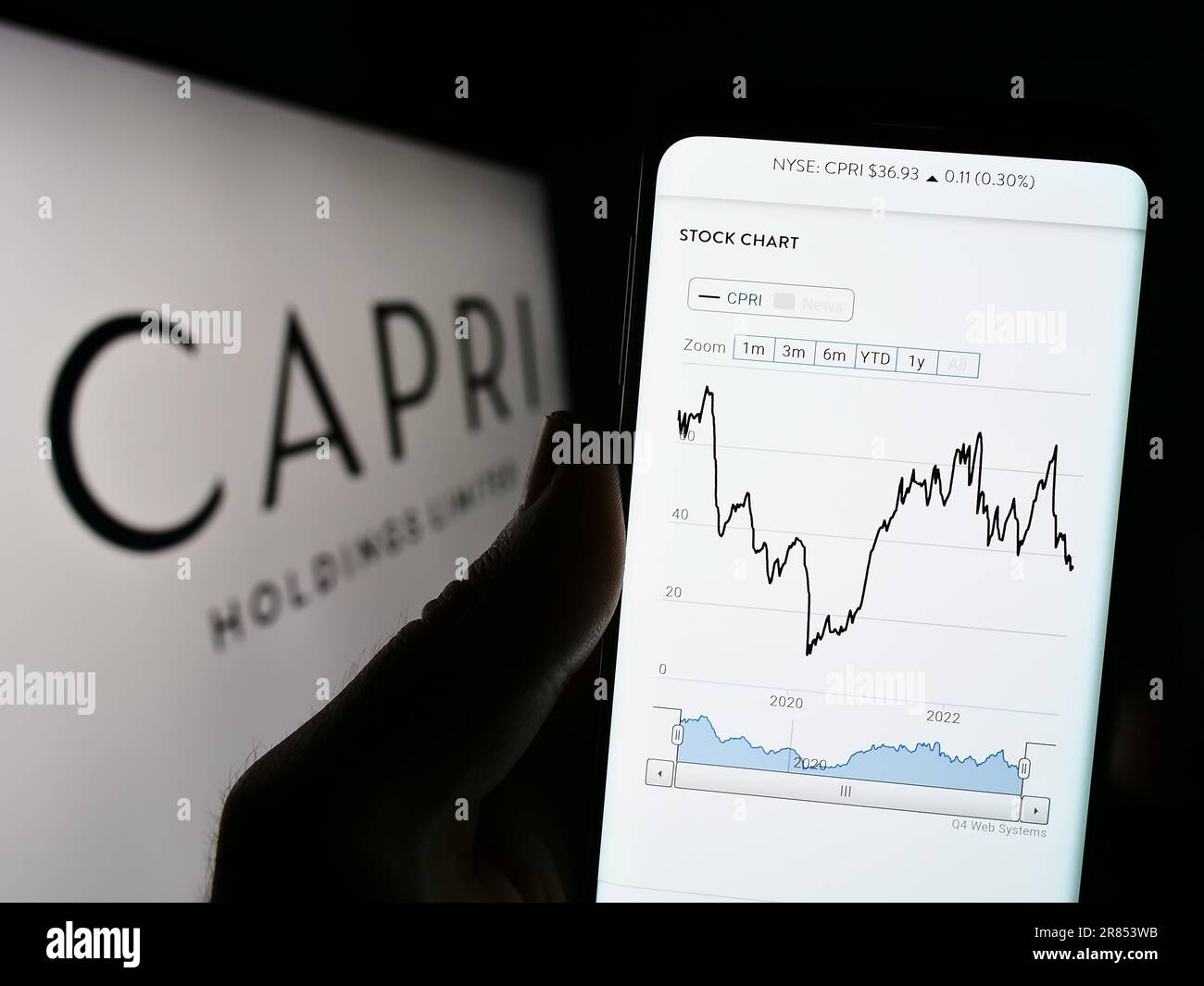 Person holding cellphone with website of fashion company Capri Holdings ...