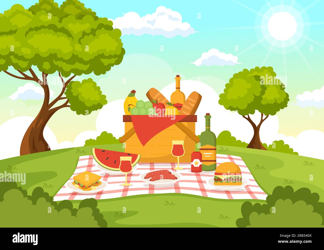 Picnic Outdoors Vector Illustration of People Sitting on a Green Grass ...