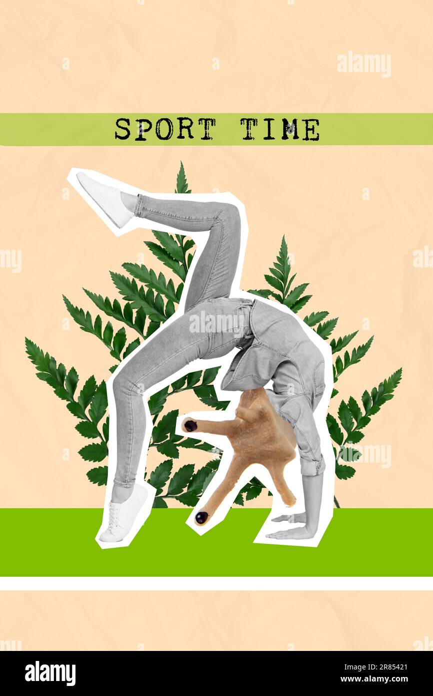 Creative collage painting of slither head mask lady standing upside ...