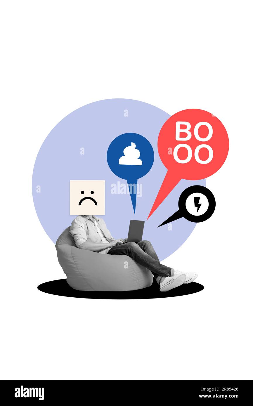 Collage illustration image of headless absurd unhappy man using laptop ...