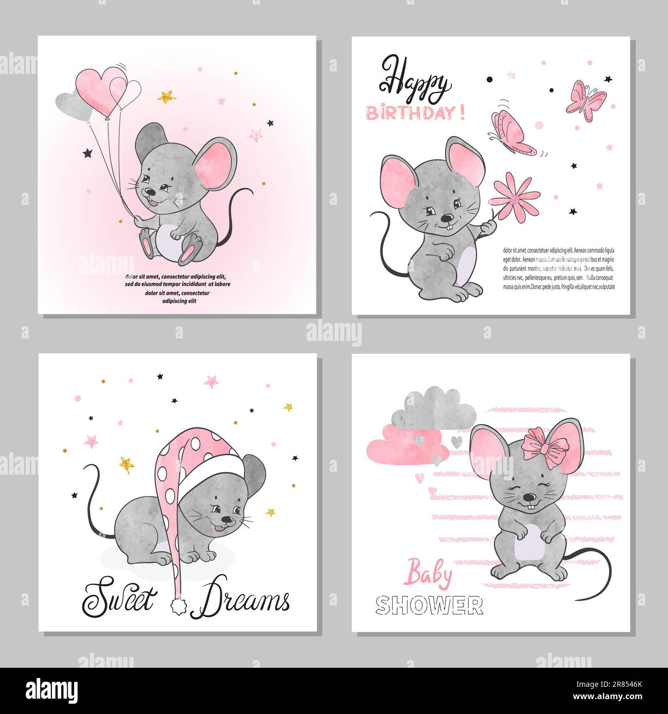 Greeting Birthday cards set with cute little mouse. Vector illustration ...
