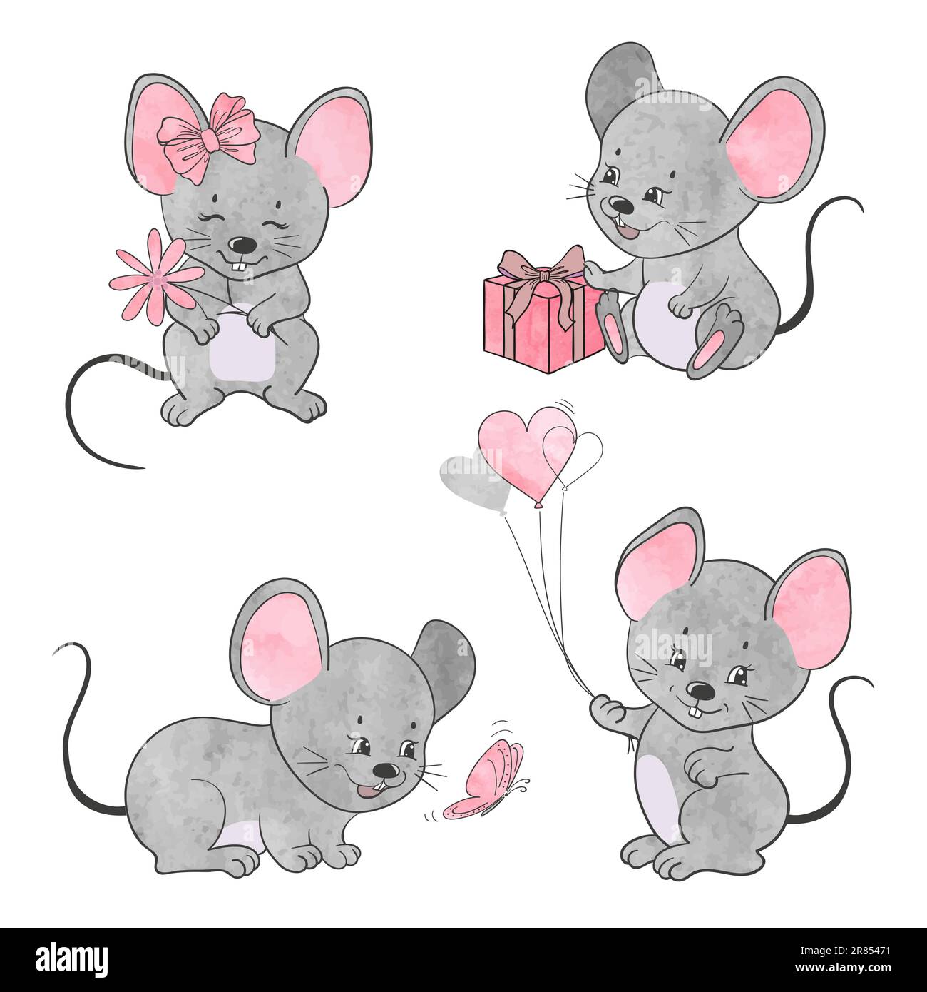 Set of cute little cartoon mice. Vector watercolor mouse collection ...