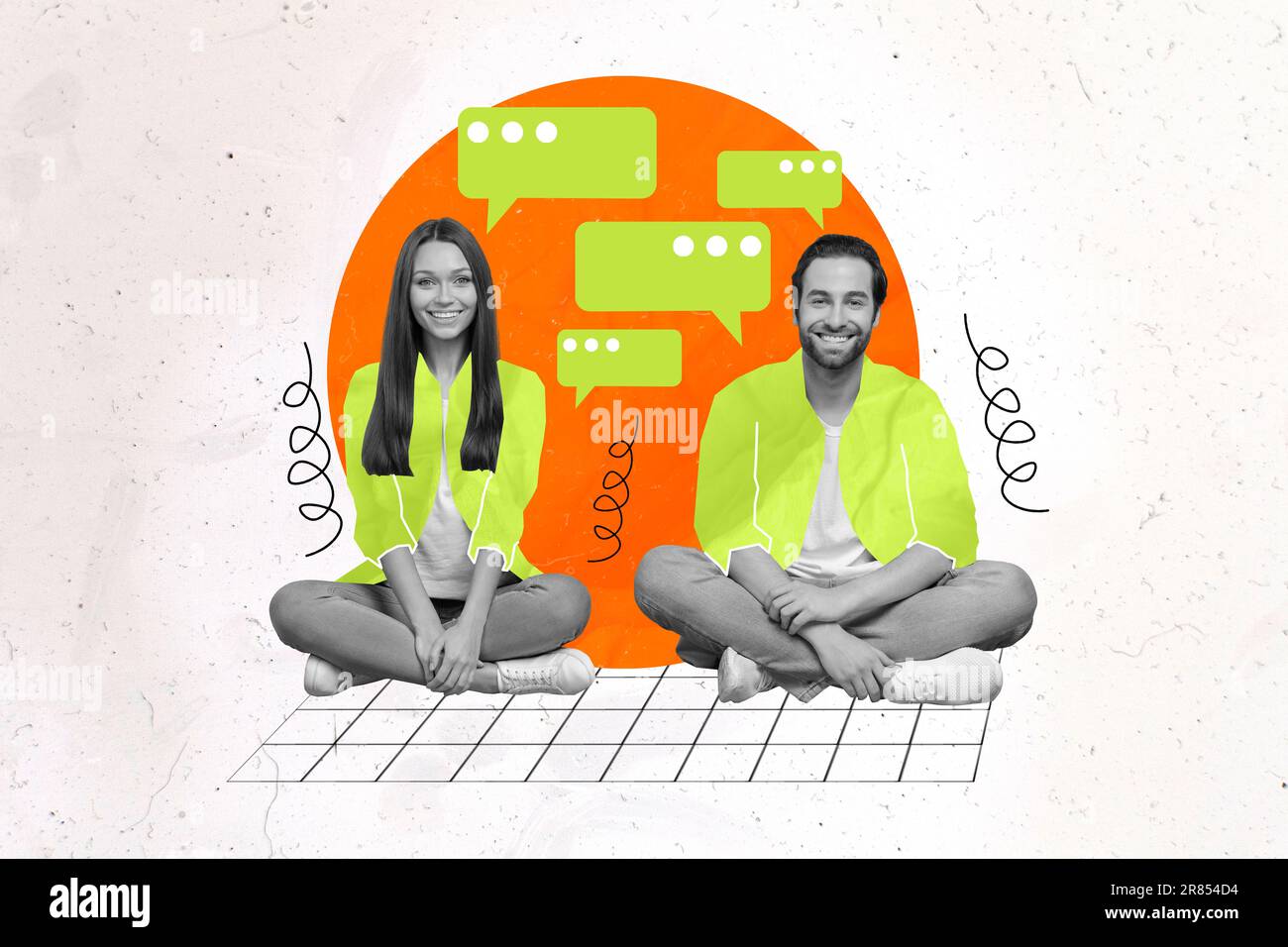 Creative collage picture of two young lovers together sitting ...