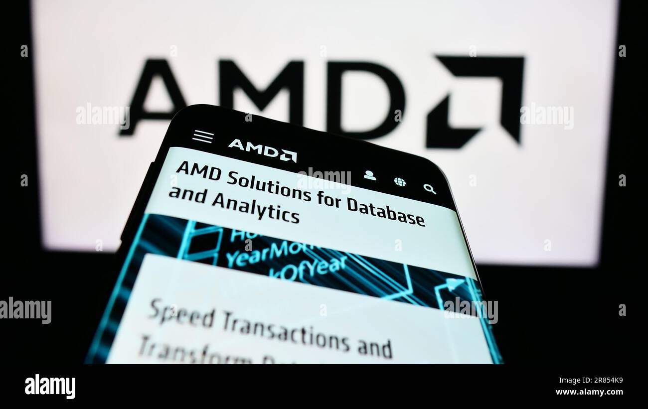 Mobile phone with web page of US company Advanced Micro Devices Inc ...
