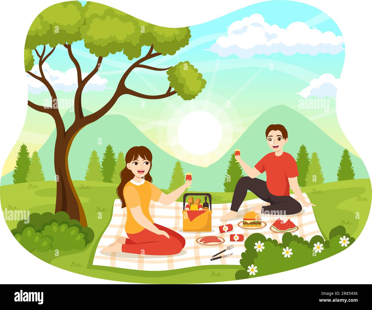 Picnic Outdoors Vector Illustration of People Sitting on a Green Grass ...