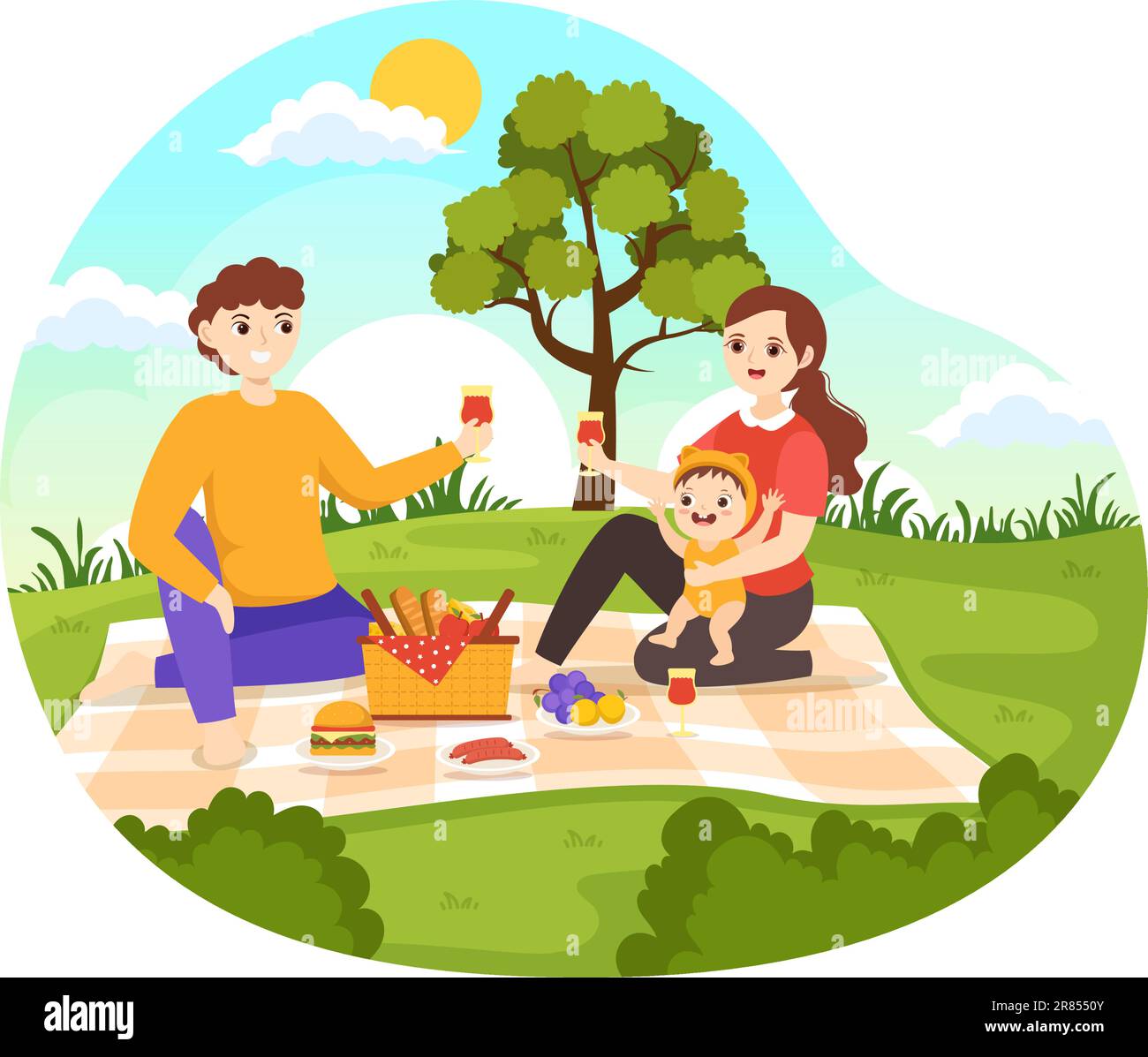 Picnic Outdoors Vector Illustration of Kids Sitting on a Green Grass in ...
