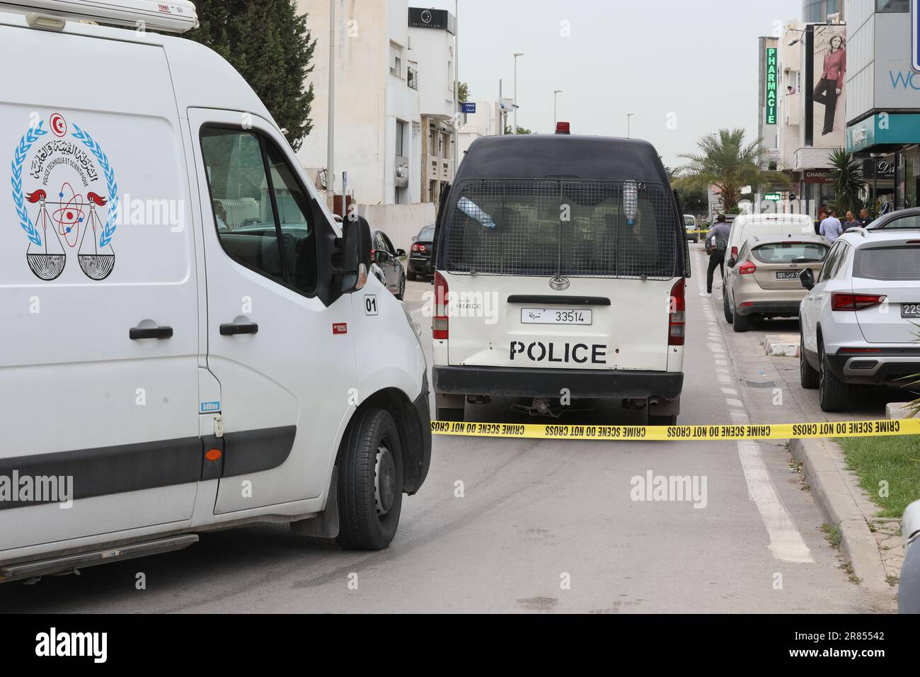 Tunis, Tunisia. 19th June, 2023. Police vehicles park outside the ...