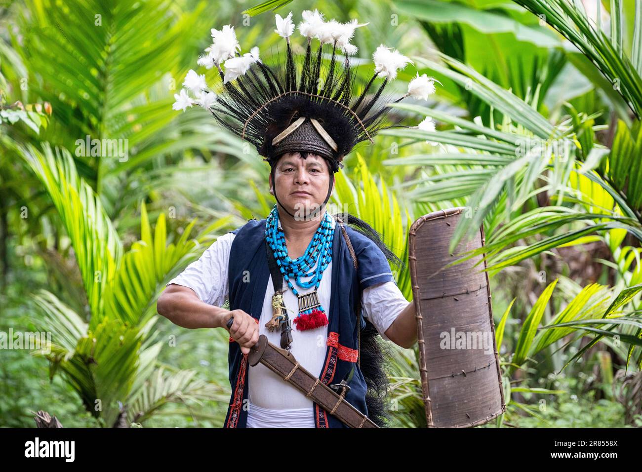 Portrait of Adi Minyong tribe man wearing traditional warrior headdress ...