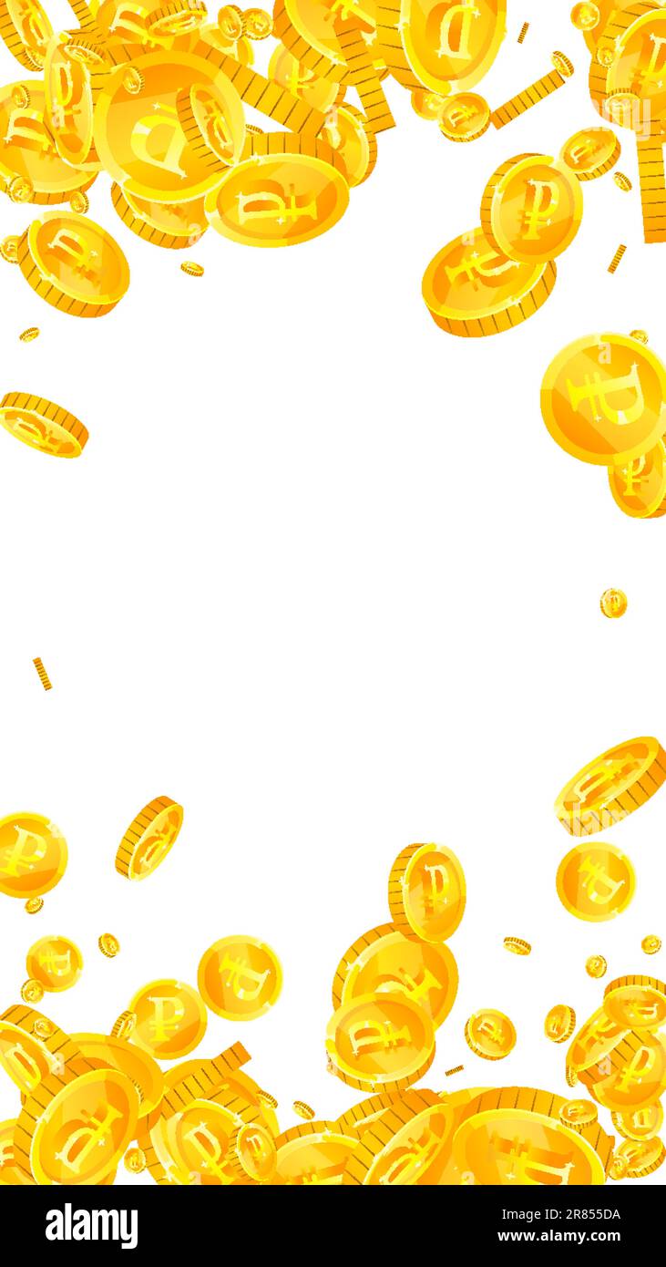 Russian ruble coins falling. Scattered gold RUB coins. Russia money ...