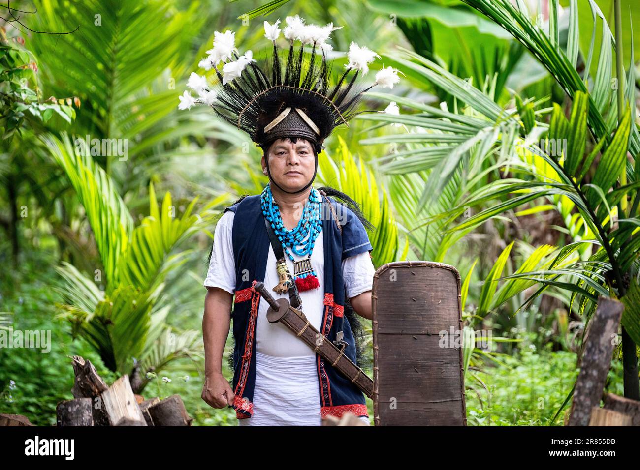 Portrait of Adi Minyong tribe man wearing traditional warrior headdress ...