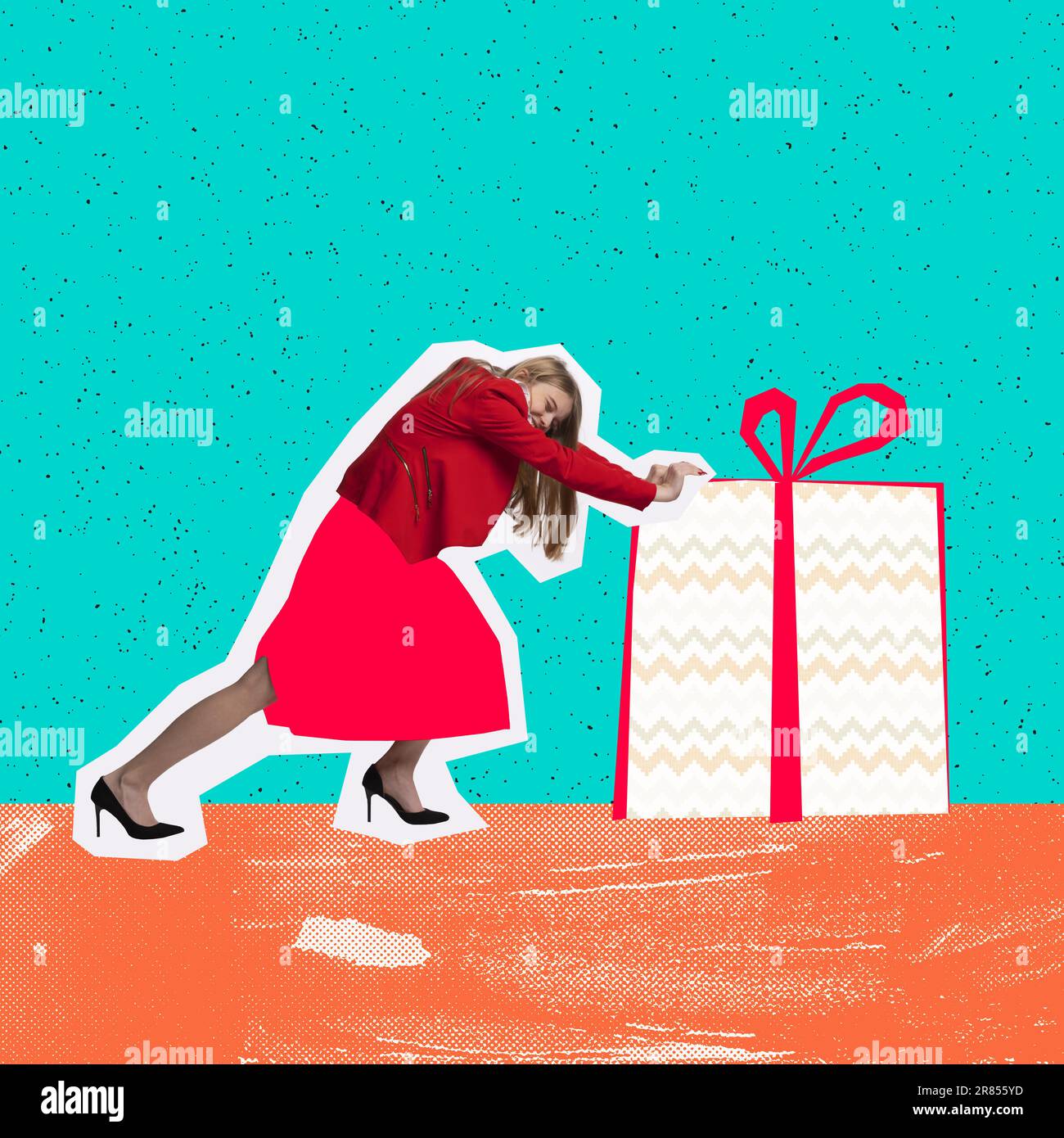 Young woman pushing giant gift box against green red background ...