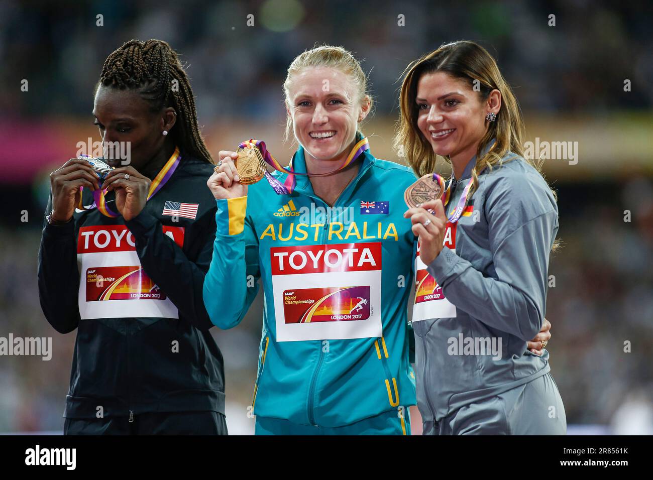 Sally Pearson at the award ceremony and receiving the medal at the ...