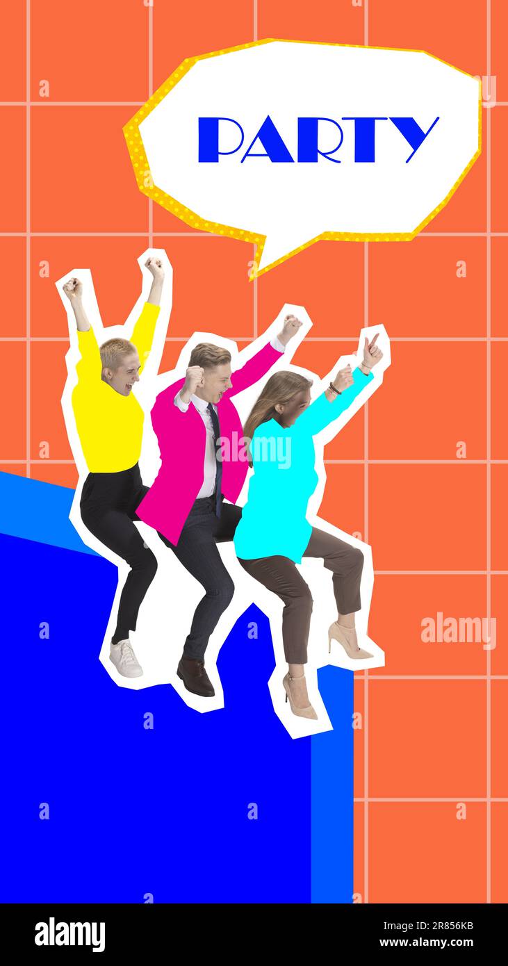 Happy and excited employees, office workers going to the party. Day off ...