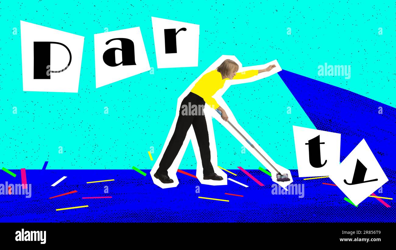 After party cleaning. Young girl wiping trash, making space clean and ...