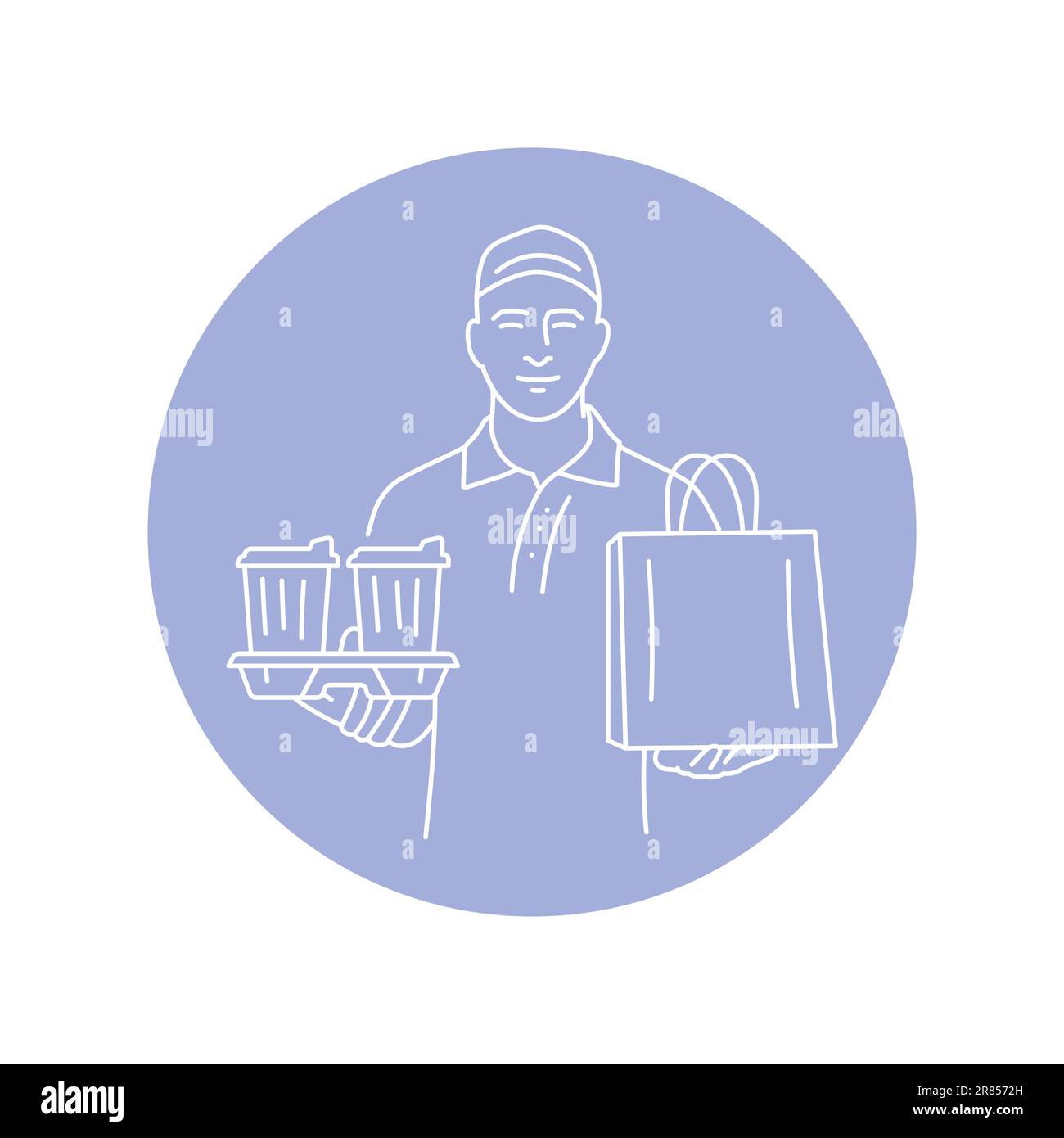 Courier with drinks and food black line icon. Food delivery service ...