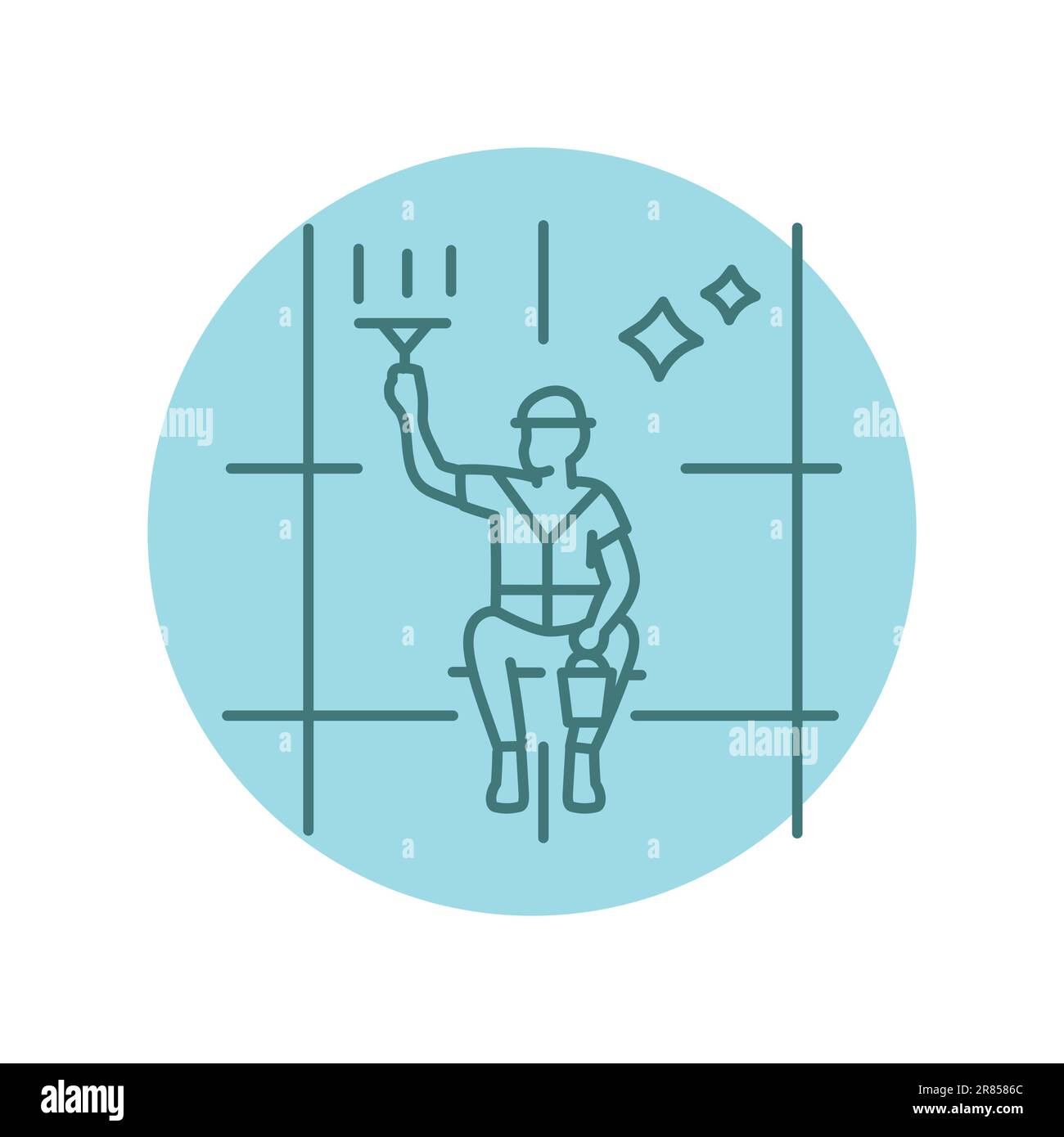 Worker washes the windows of modern skyscraper black line icon ...