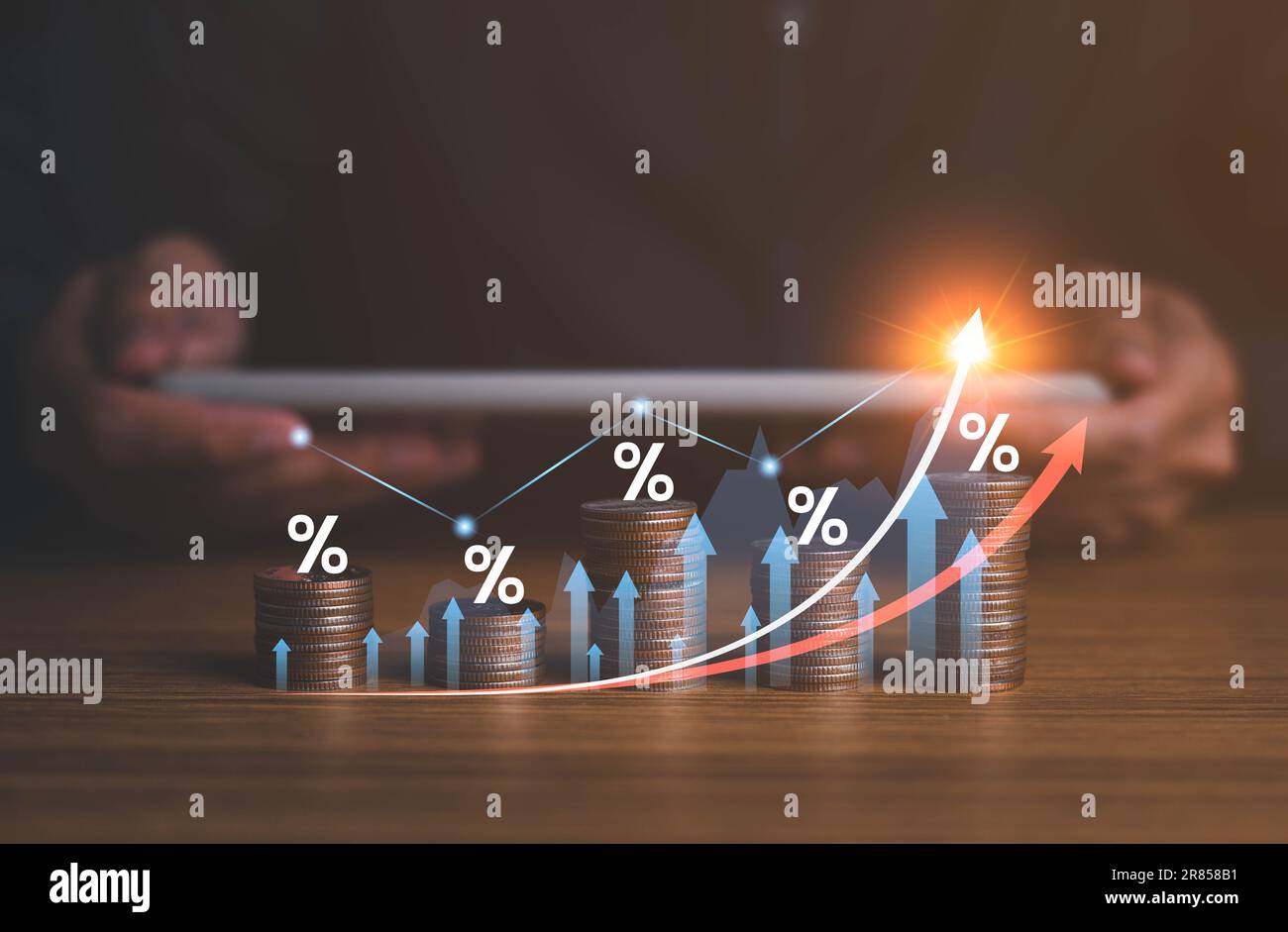 Interest rate and dividend concept. Businessman with percentage symbol ...