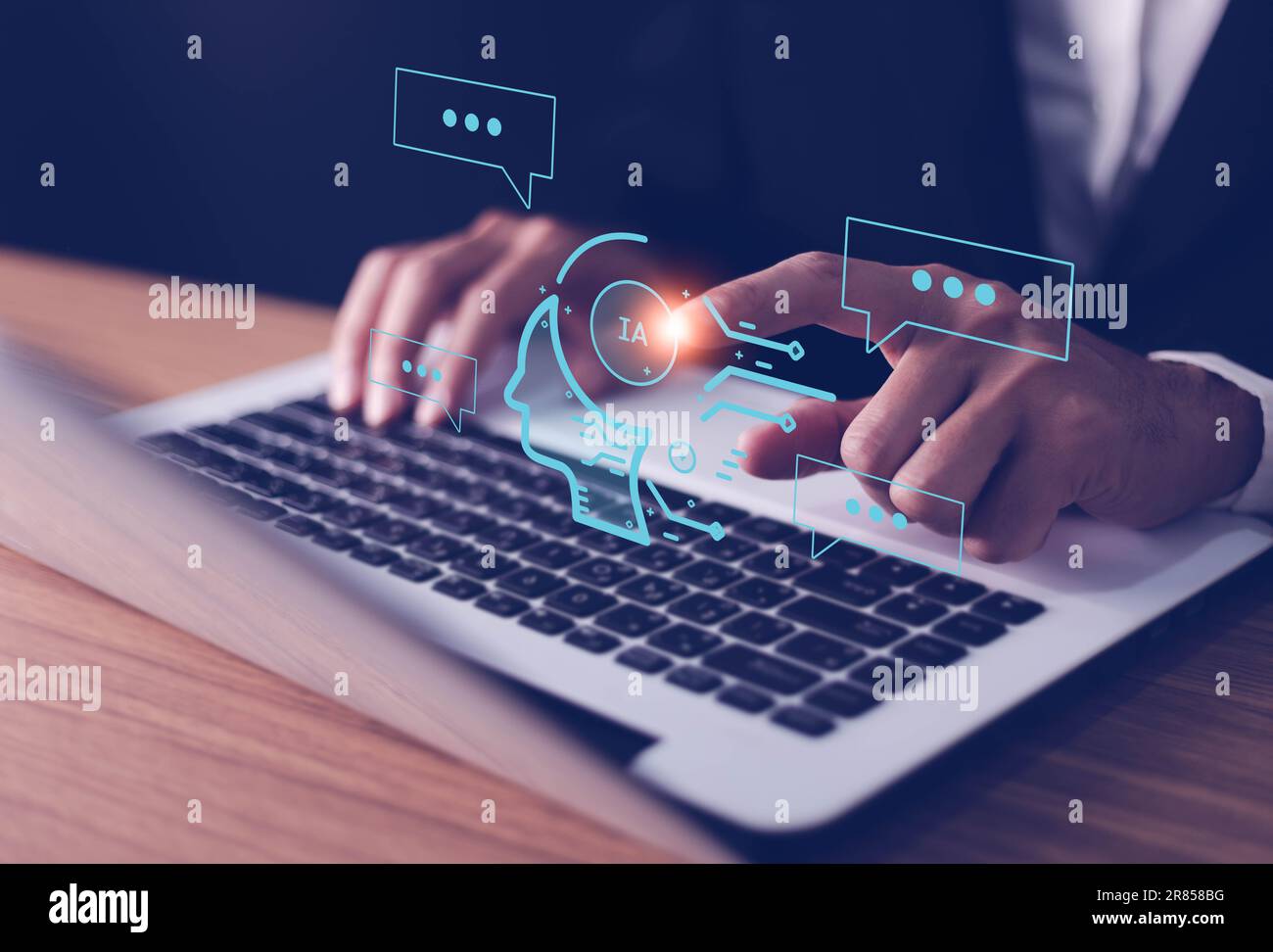 Chat with AI or Artificial Intelligence. Young businessman chatting with a smart AI or ...