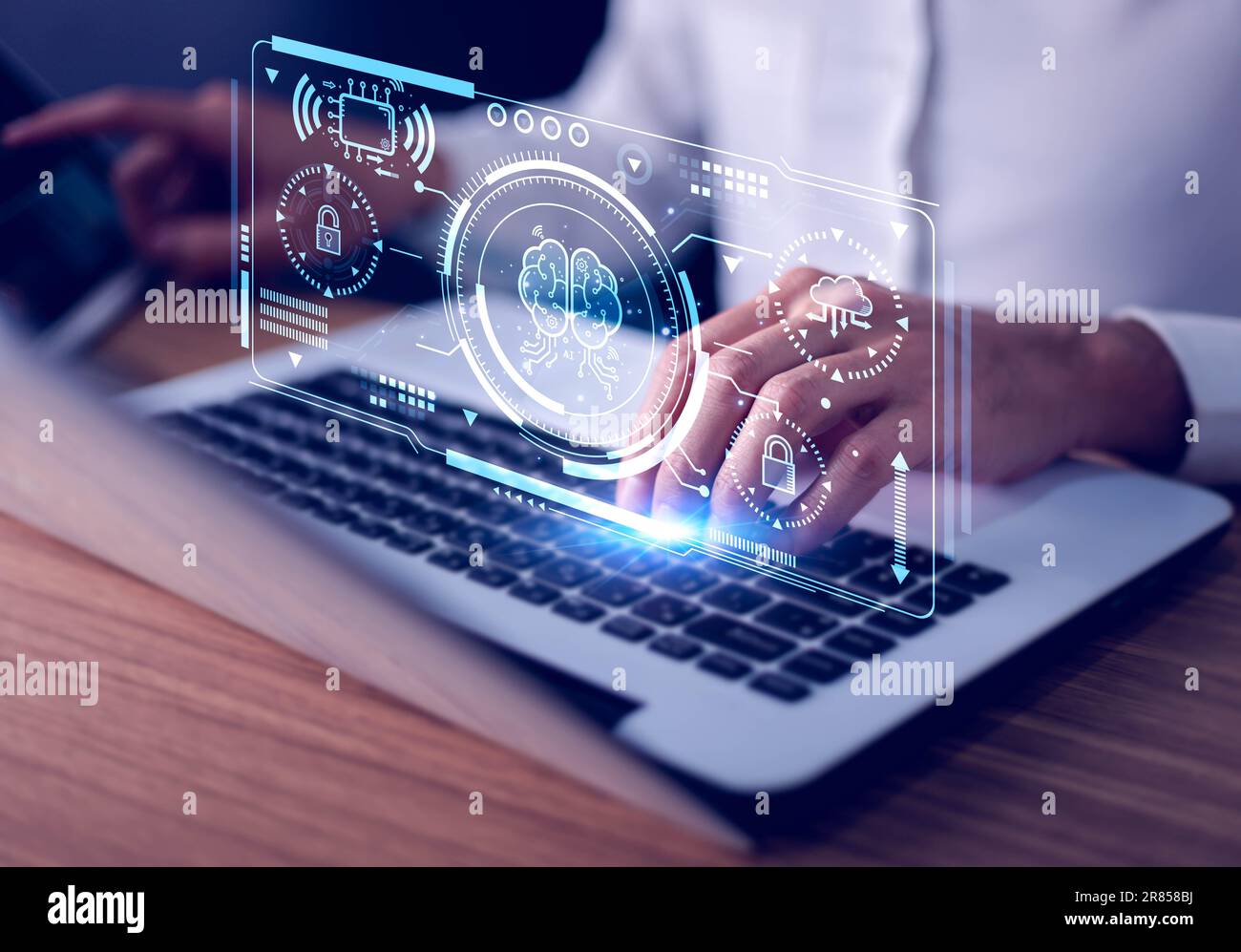 AI, Artificial Intelligence, Big data, Internet of Things IoT. Man, programmer, software ...