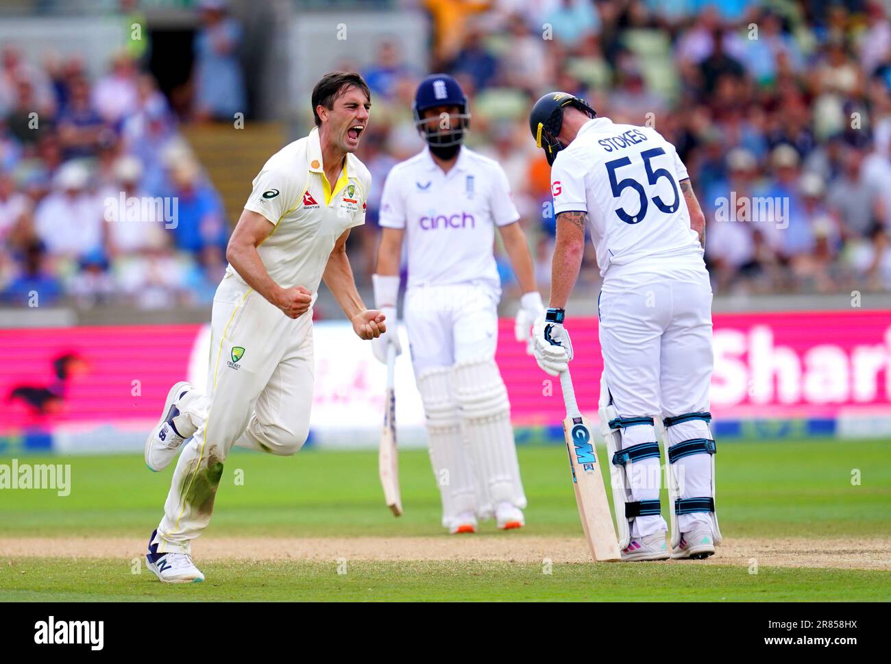 Australia's Pat Cummins celebrates taking the wicket of England's Ben ...