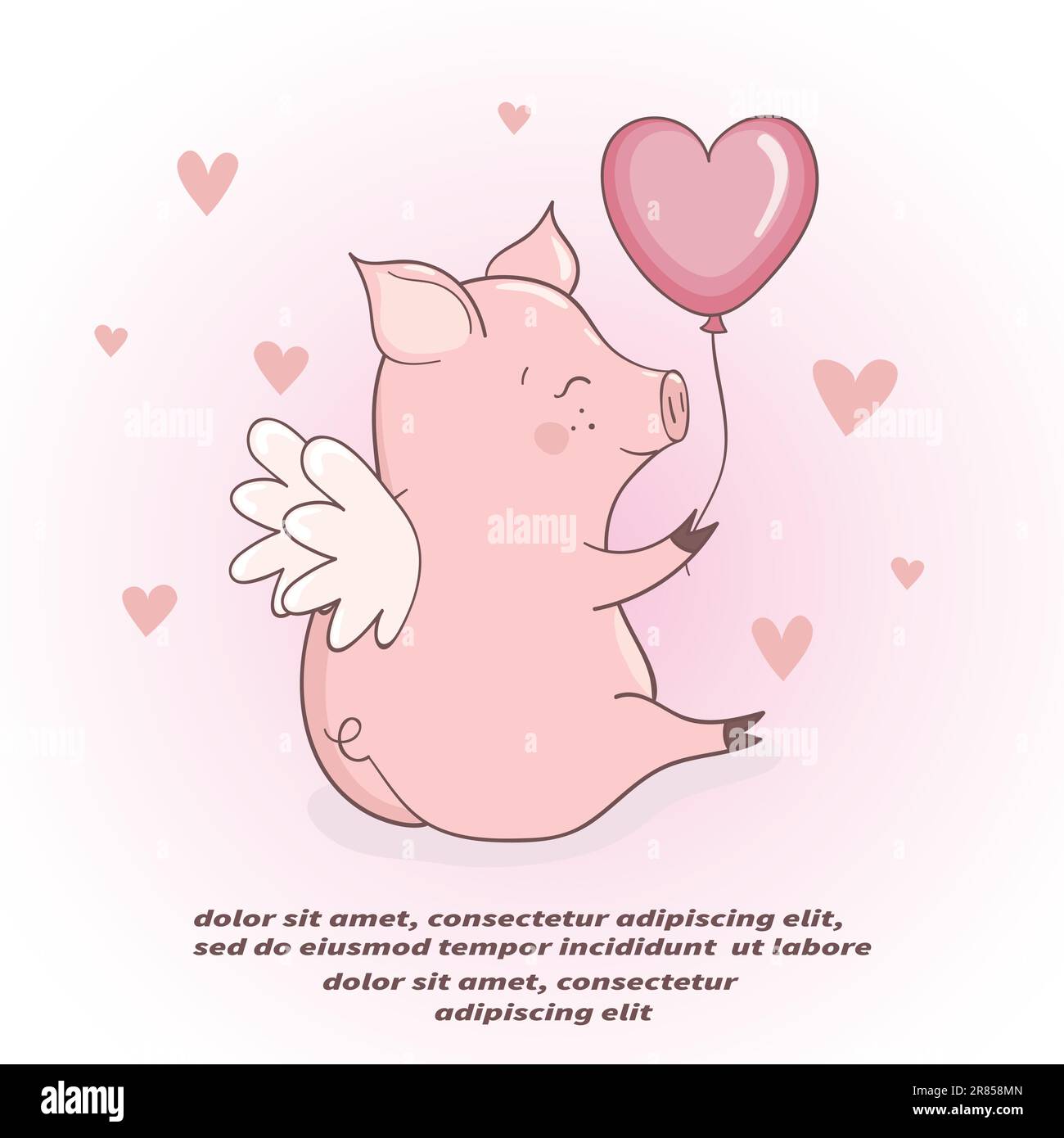 Cute Cupid pig with heart shaped balloon. Valentines day vector card ...
