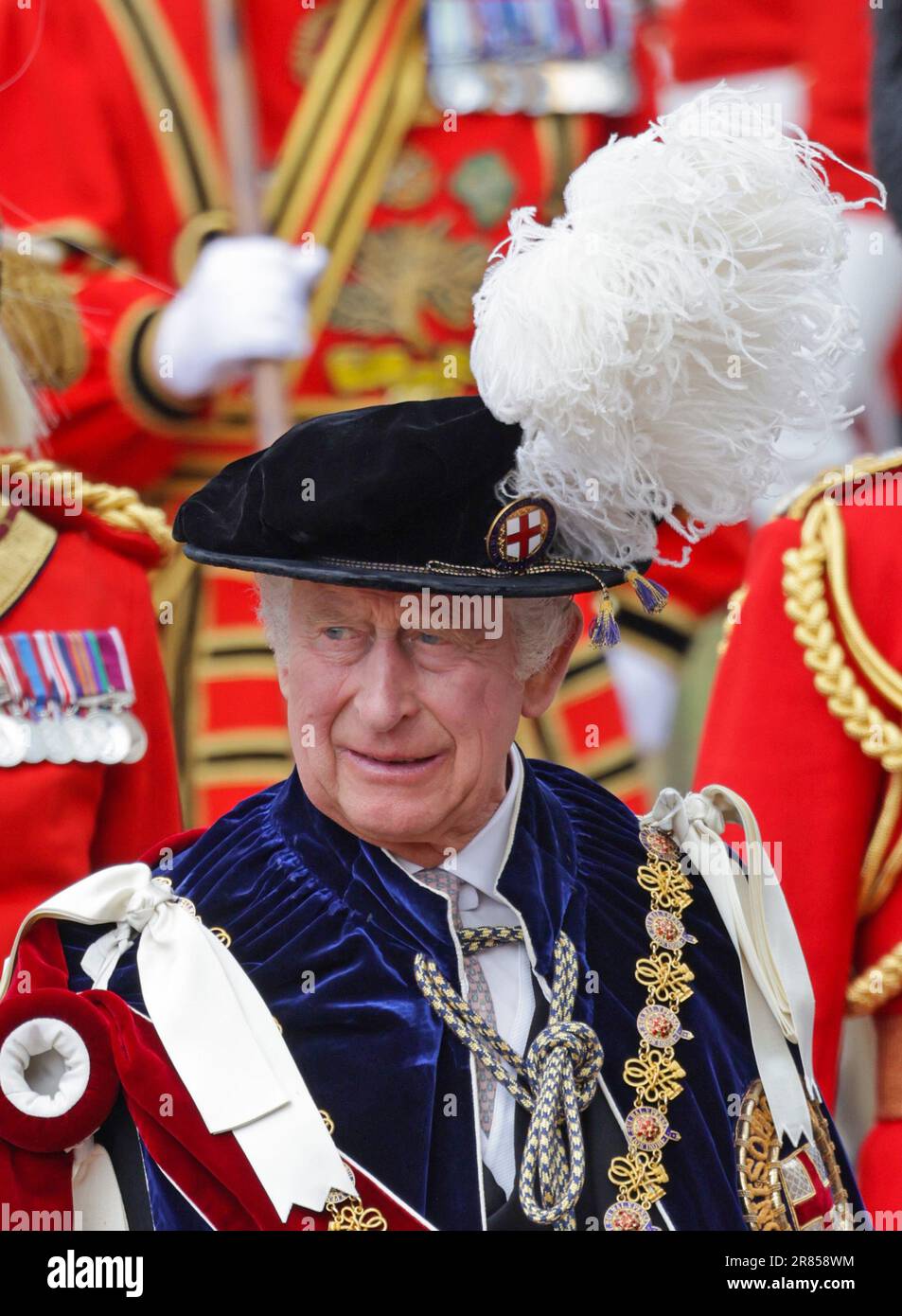 King Charles Iii Arrives To Attend The Annual Order Of The Garter Service At St Georges Chapel