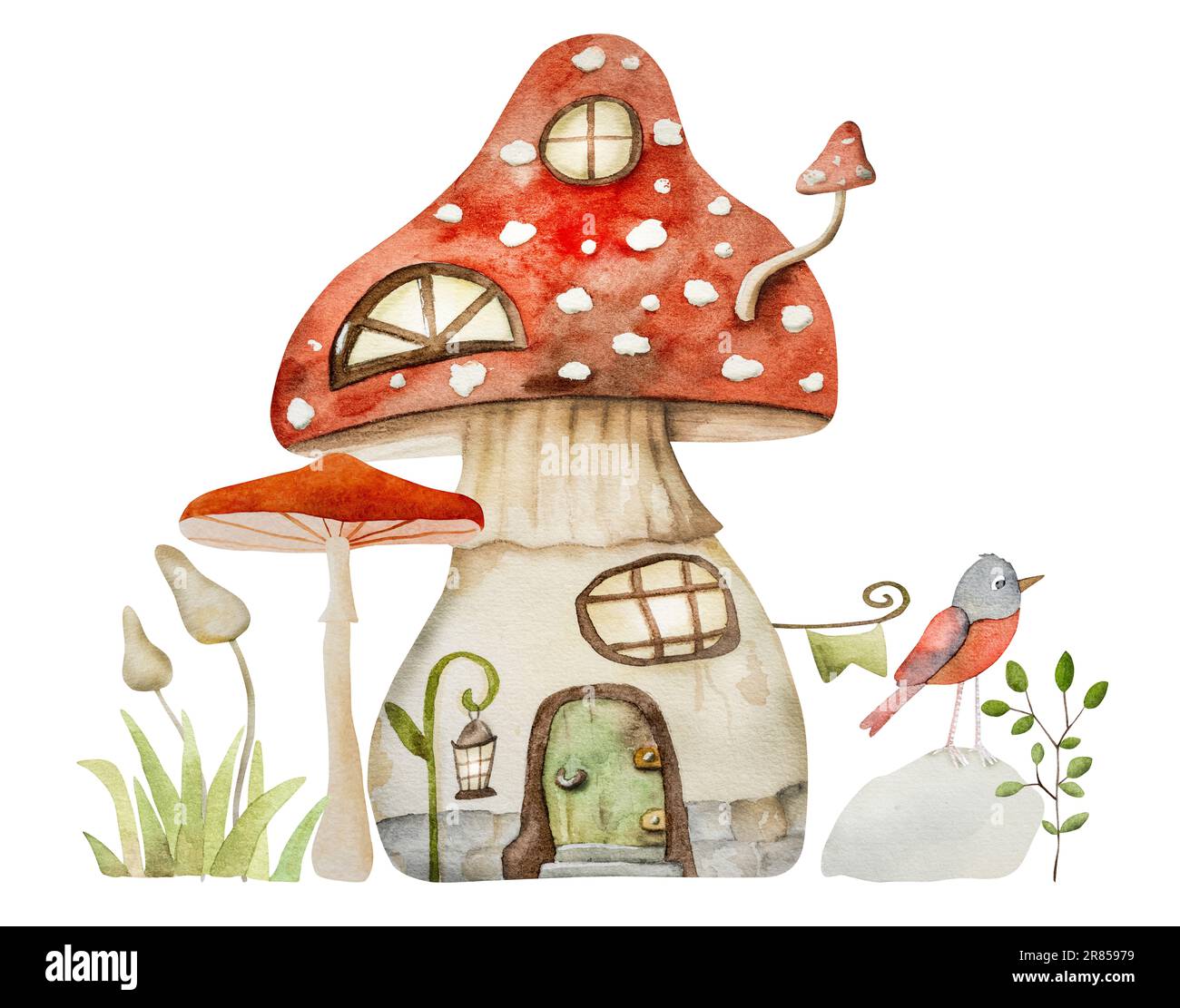 Mushroom fairytale house watercolor painting. Cartoon fly agaric ...