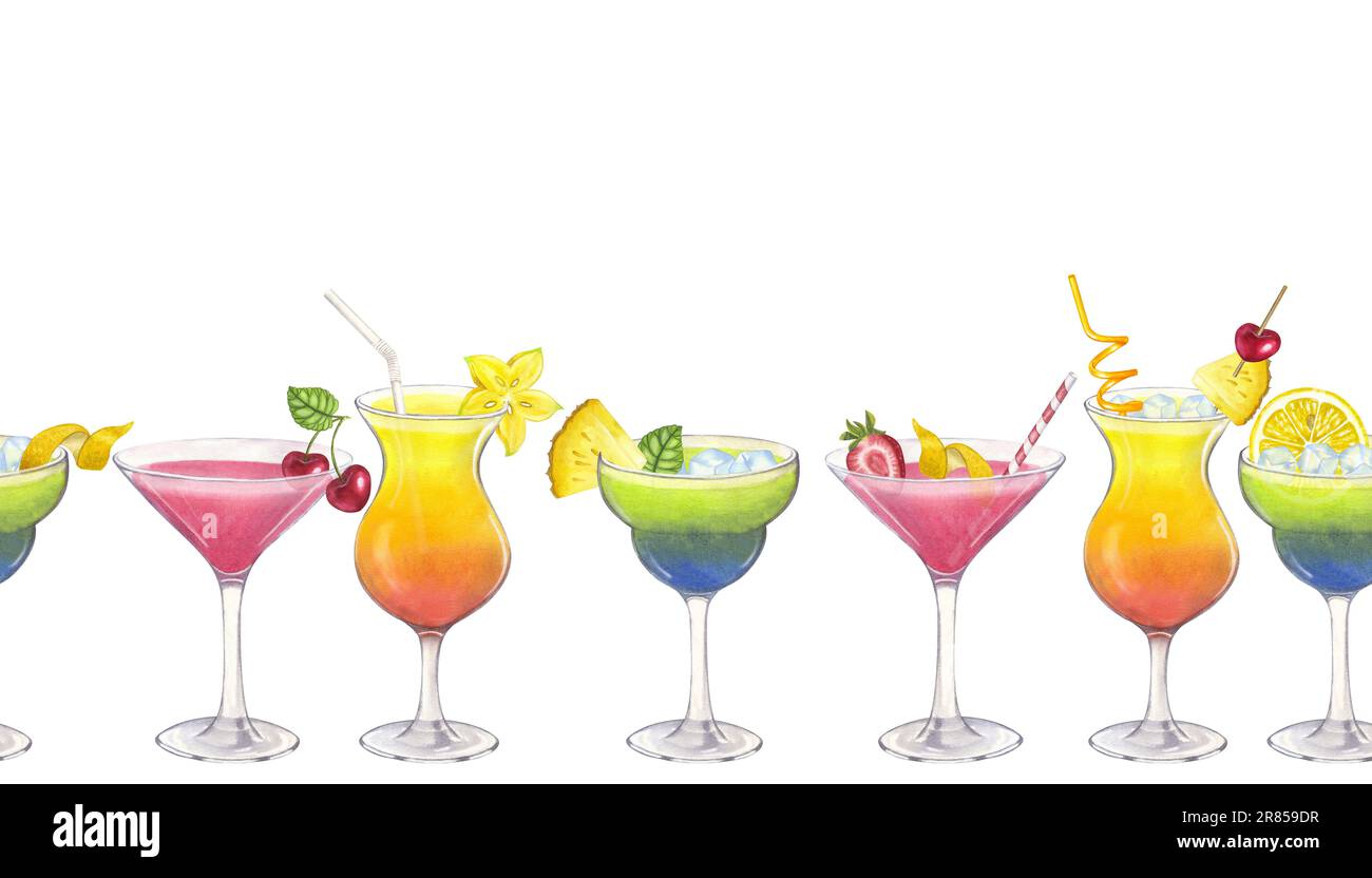 Seamless banner colorful beach cocktails, Tequila Sunrise Cosmopolitan ...